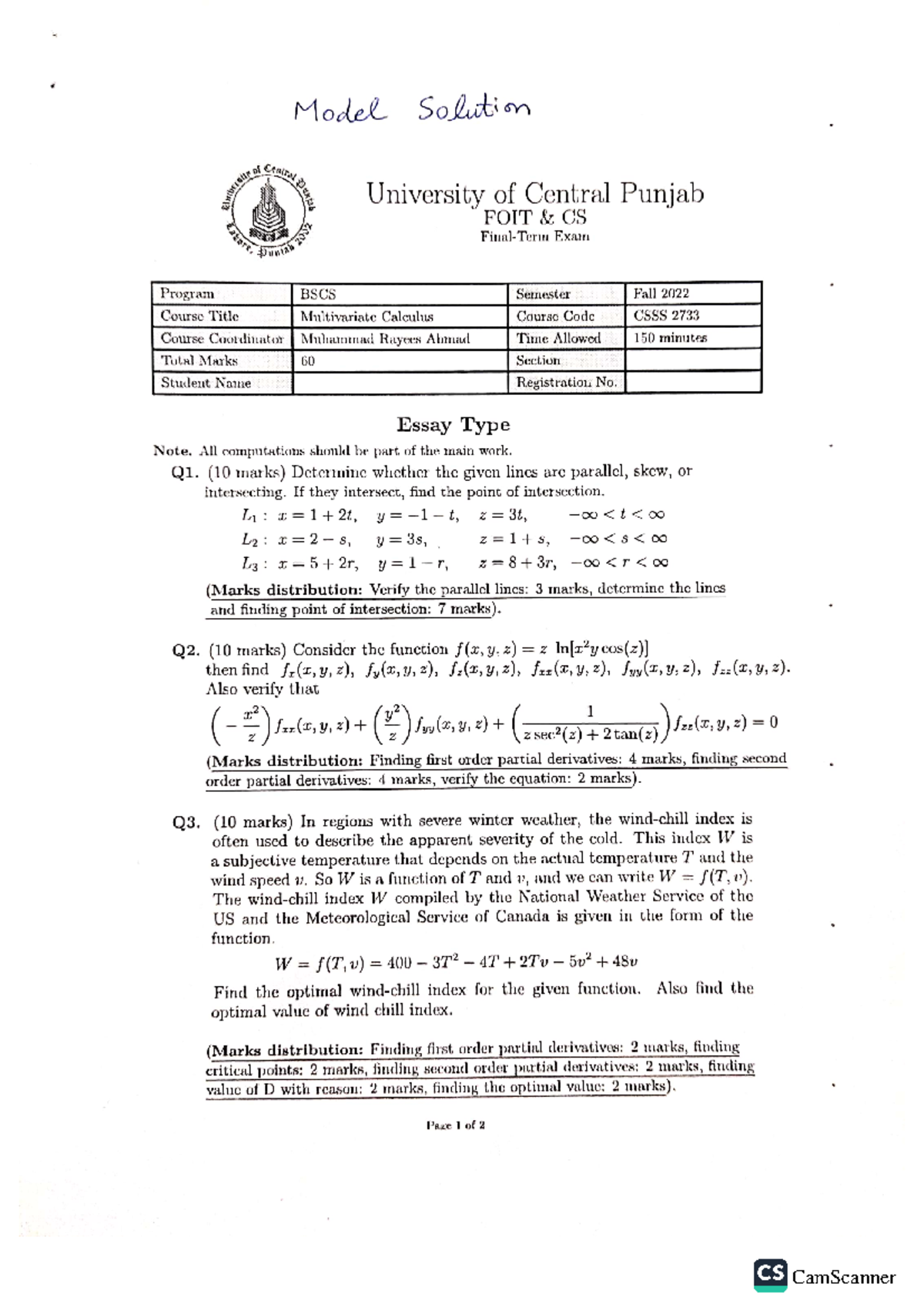 MVC final Solutions - Multivariate Calculus - Studocu