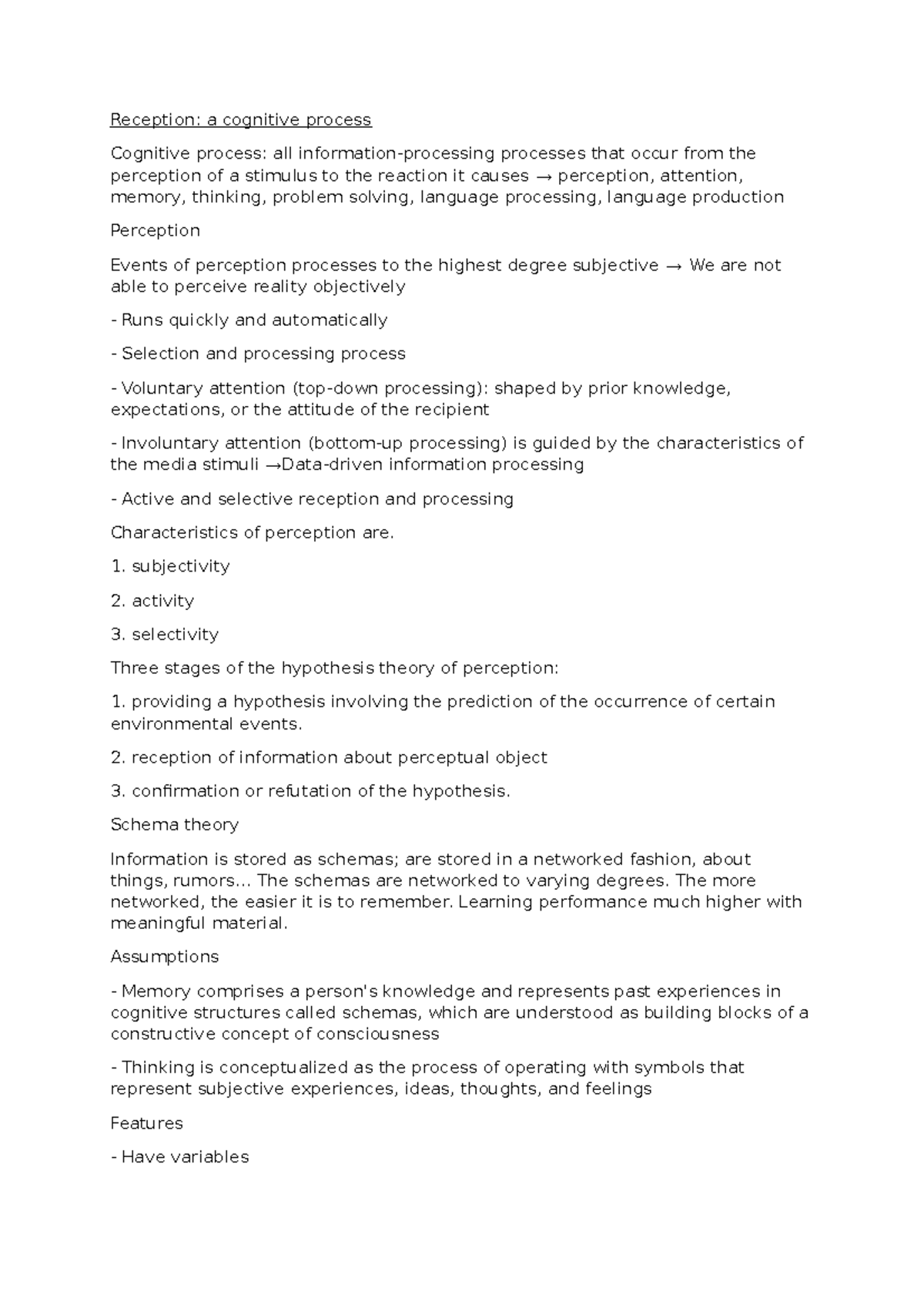 Reception - Lecture notes 1 - Reception: a cognitive process Cognitive ...