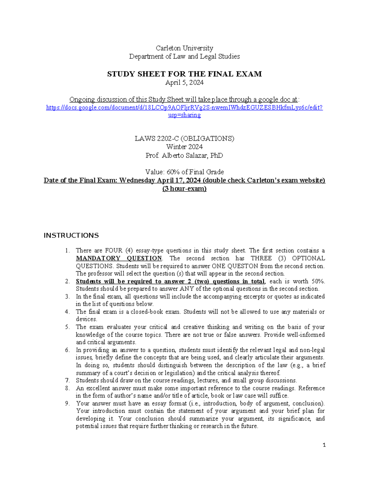 Study Sheet Finalexam Laws2202C Obligat April 2024Salazar - Carleton ...