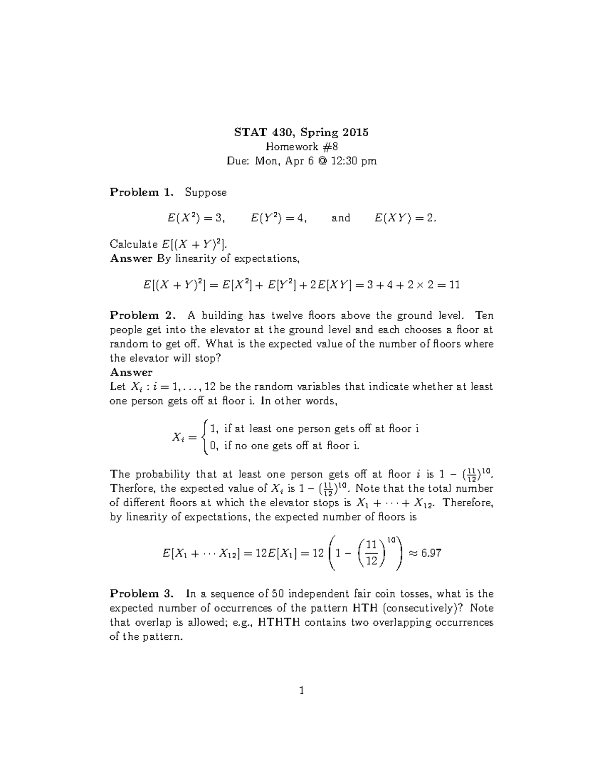 Hw8 sol - Practice questions w/ solutions - STAT 430, Spring 2015 Homework # Due: Mon, Apr 6 ...