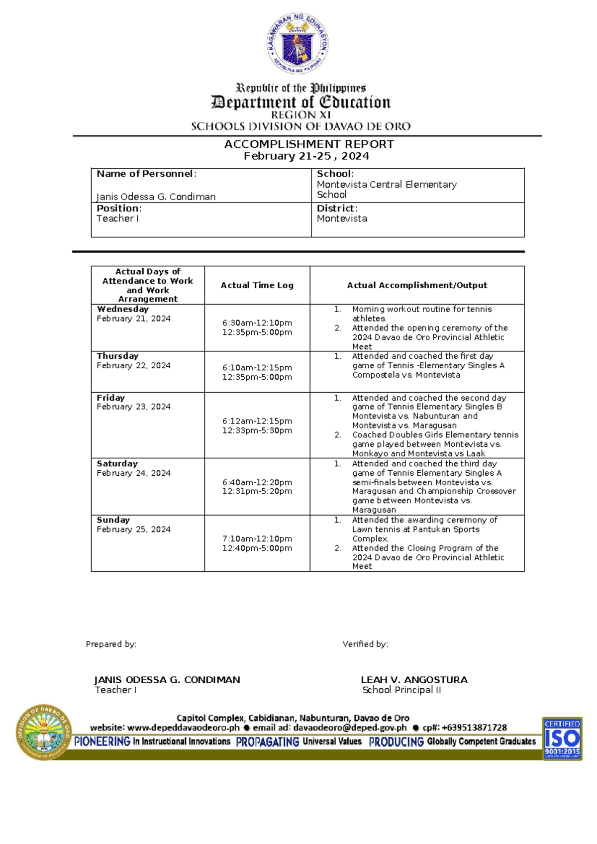 IWAR- Janis 2 - NONE - ACCOMPLISHMENT REPORT February 21-25 , 2024 Name ...