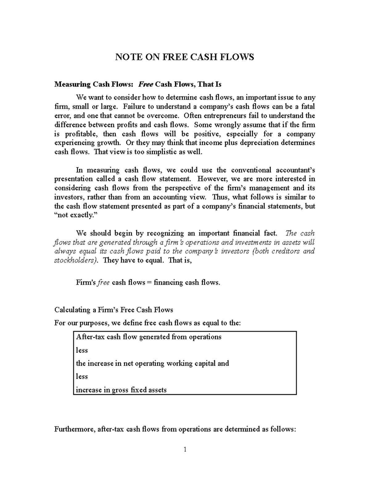 Free Cash Flow Note - notes from class lecture - NOTE ON FREE CASH ...