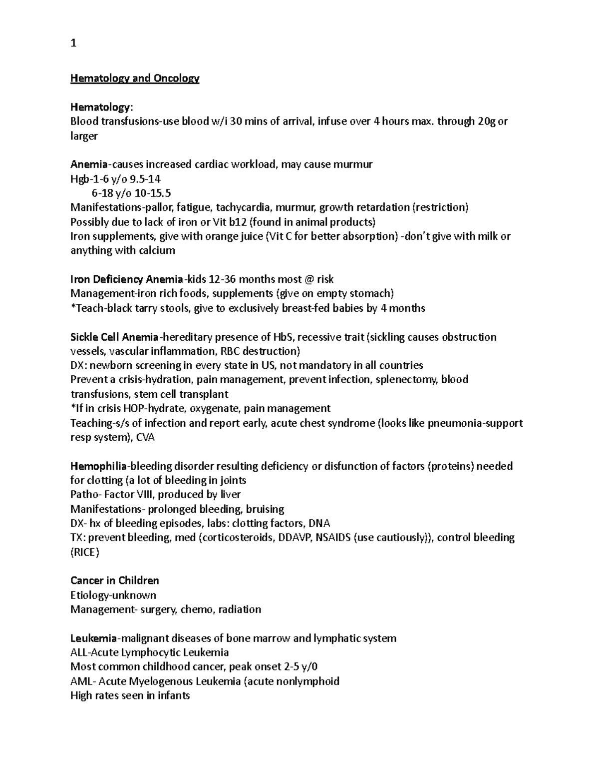 Peds Test 4 - study guide - Hematology and Oncology Hematology: Blood ...
