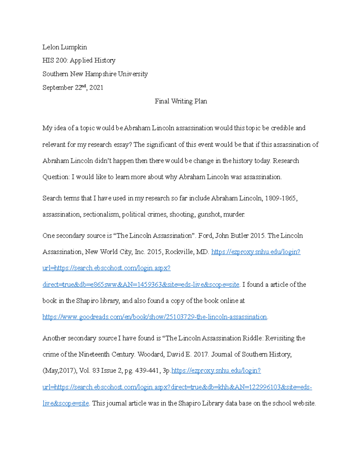 writing plan essay - Lelon Lumpkin HIS 200: Applied History Southern ...