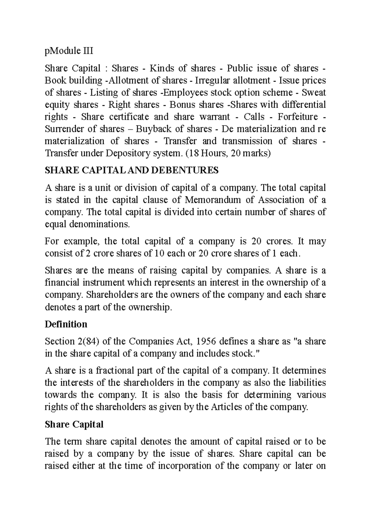 CR Notes Module 3 - pModule III Share Capital : Shares - Kinds of ...