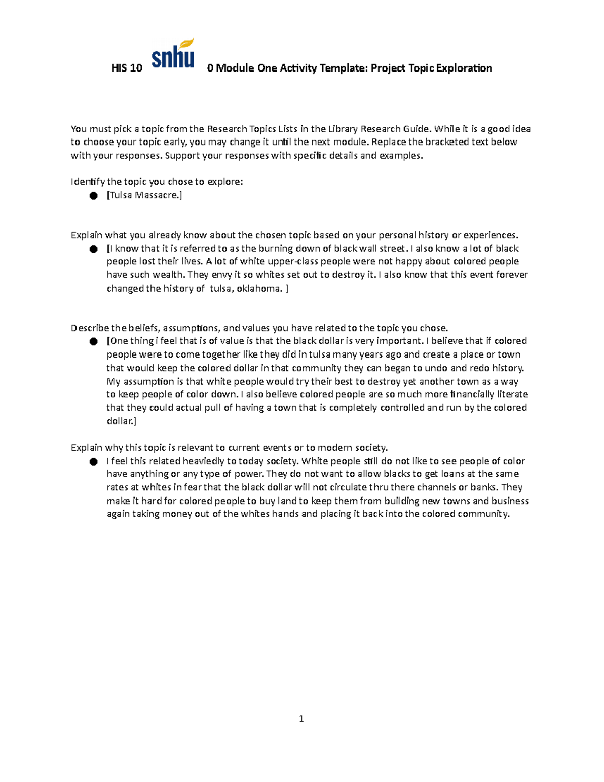 HIS 100 Module One Activity Template - HIS 10 0 Module One Activity ...