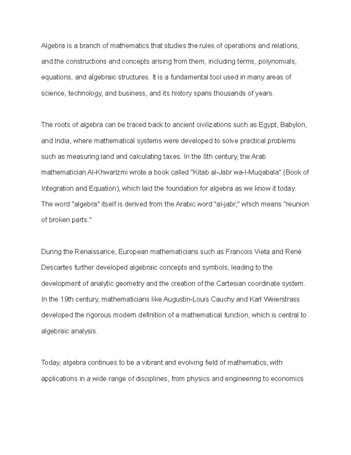 Overview of algebra history lecture notes - Algebra is a branch of ...