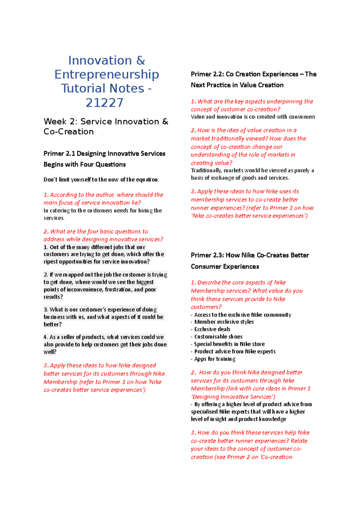 Innovation and Entrepreneurship Tutorial Notes - Innovation ...