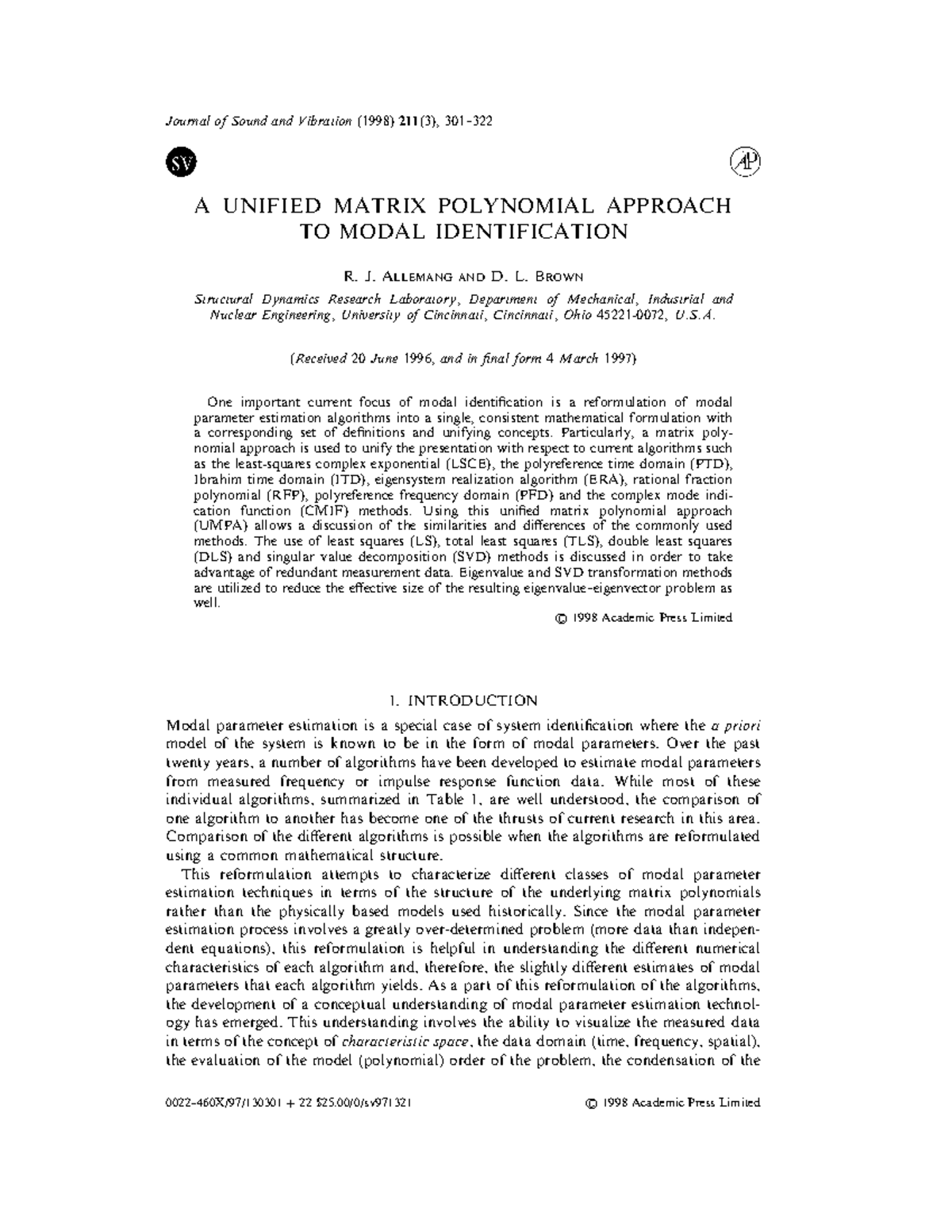 A unified matrix polynomial approach to modal identification - Journal of Sound and Vibration ...