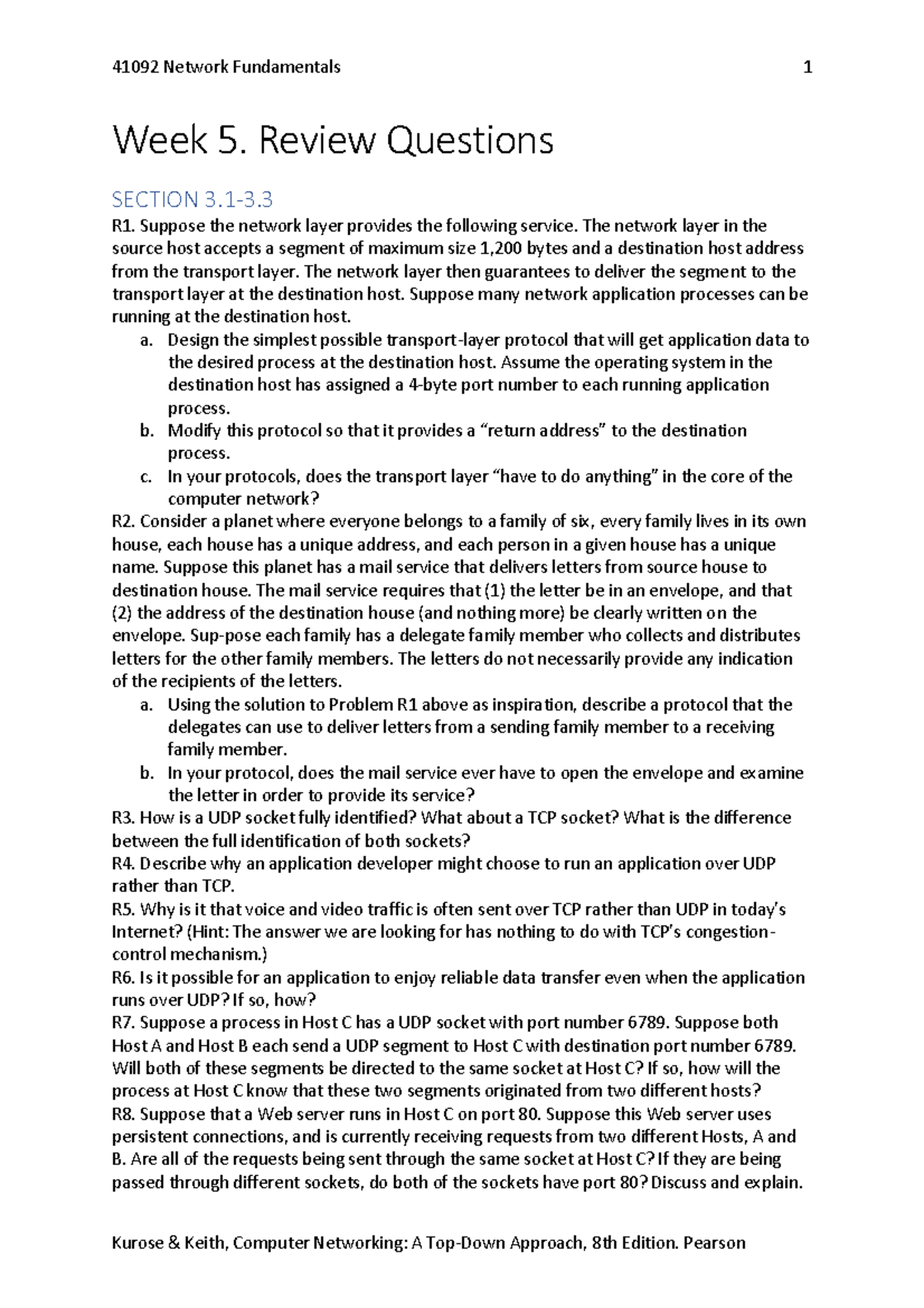 Week 5 Practice Questions 41092 Network Fundamentals Kurose And Keith Computer Networking A