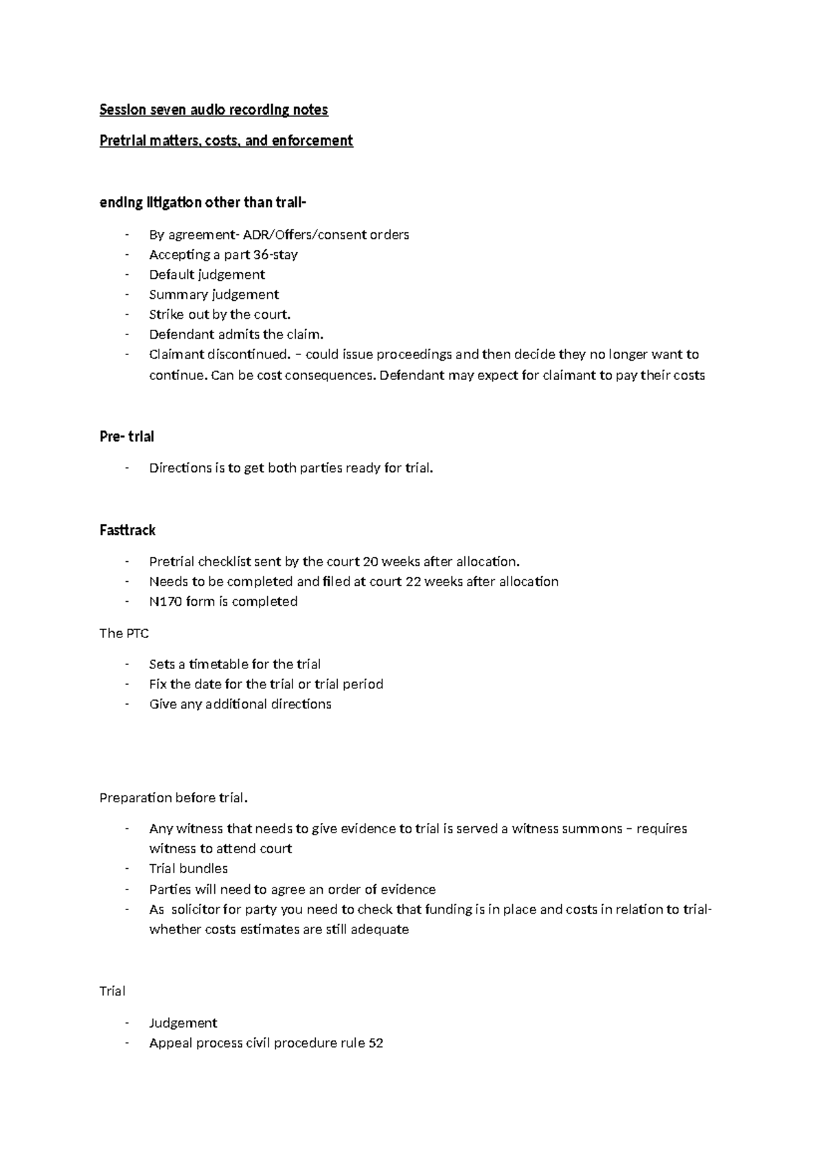 Enforcement and pre trial costs audio notes recording - Session seven ...