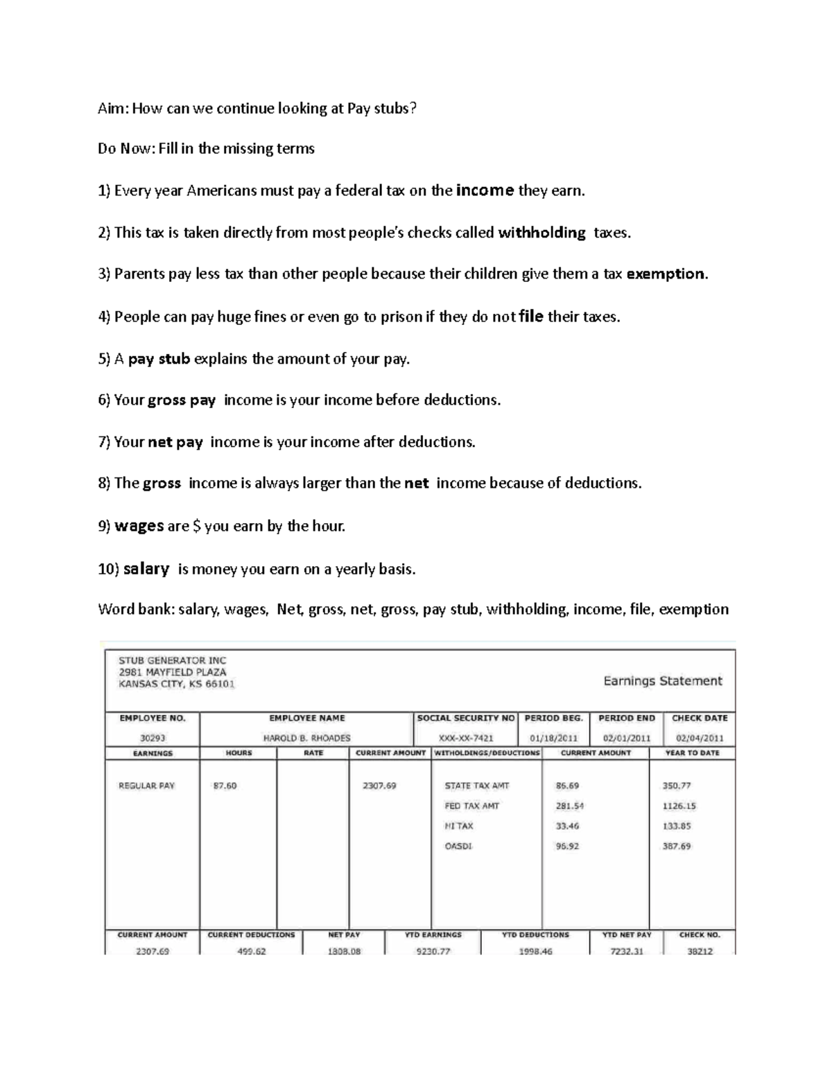 Pay stub notes. - Studocu