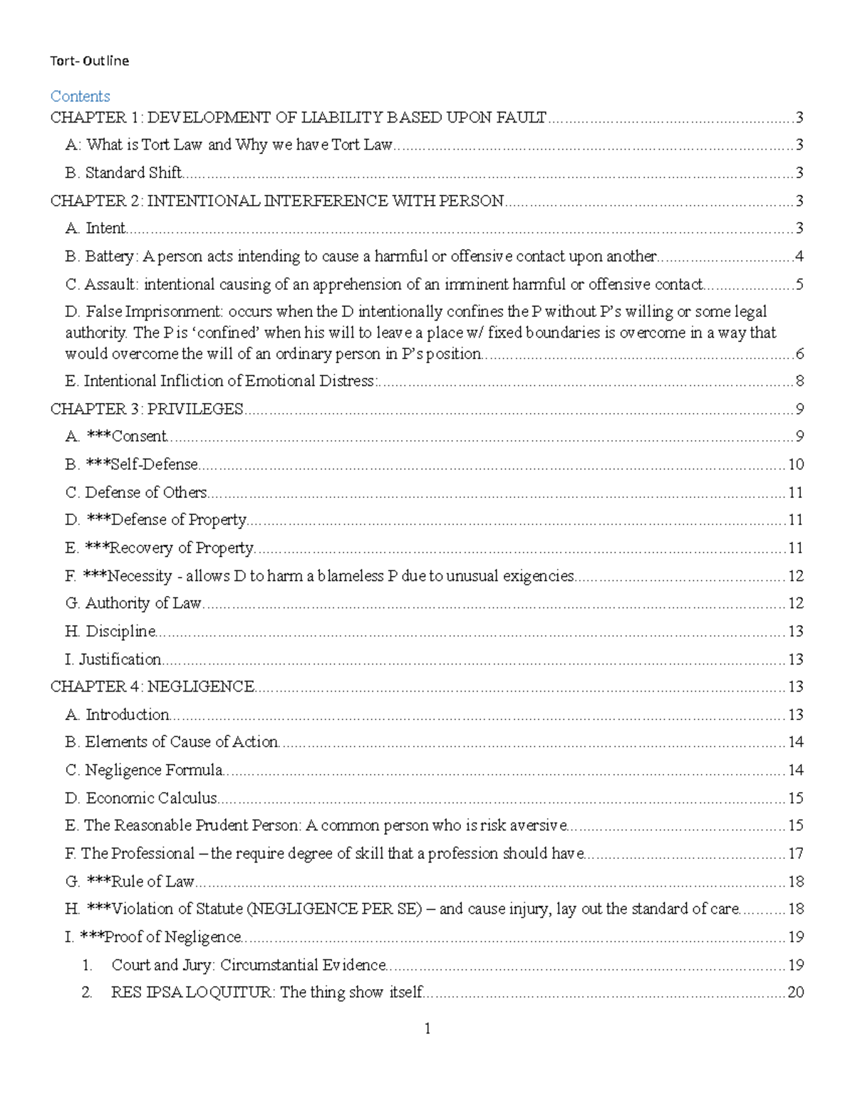 Tort-Outline - Torts Outline for Peter's Torts Class - LAW 831 ...