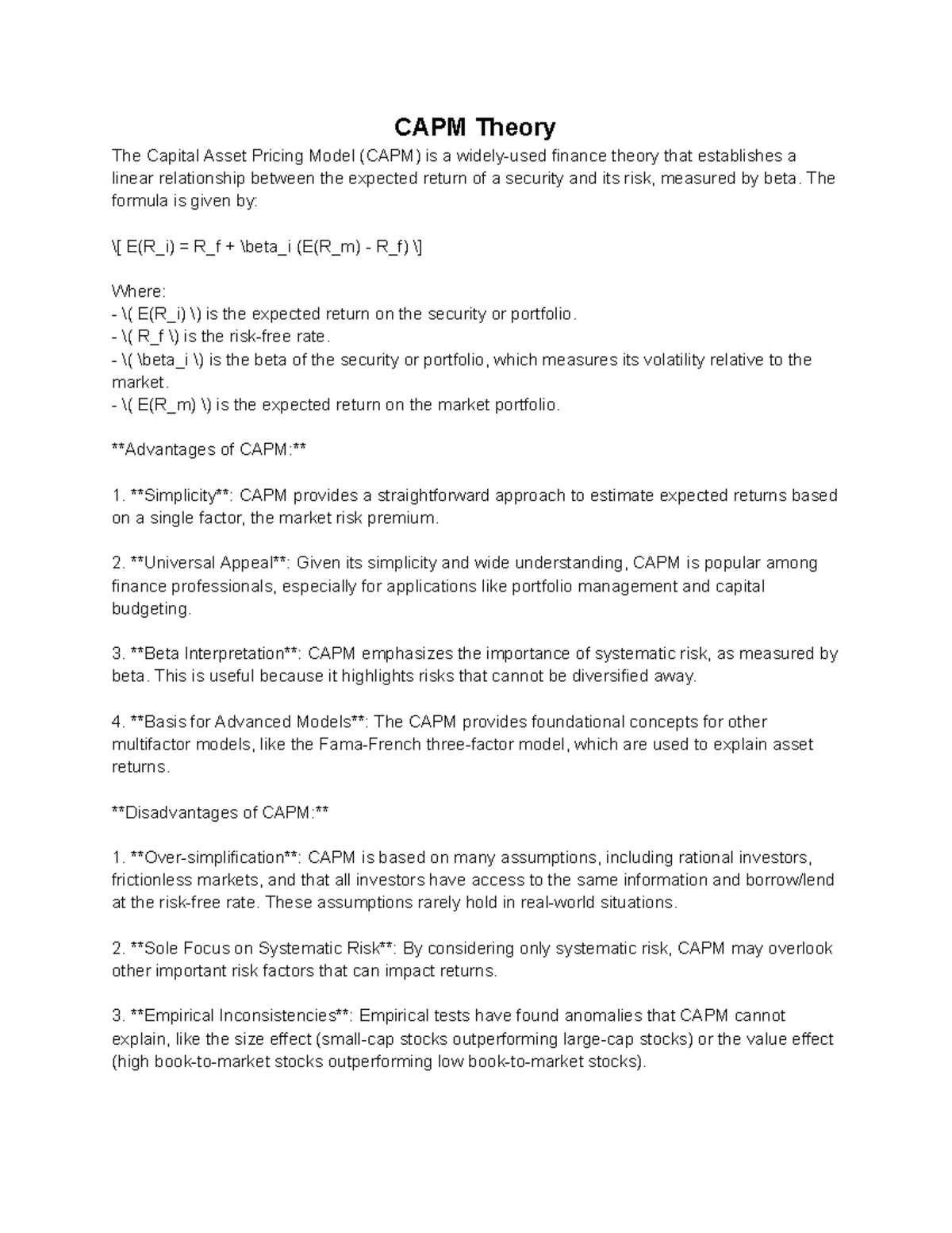 FNCE 163 - U Penn Corporate Finance Lecture notes - CAPM Theory The ...