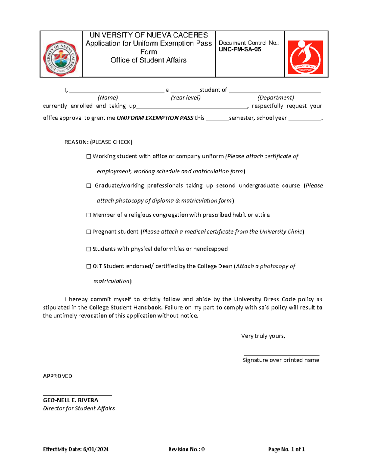 5. Application for Uniform Exemption Pass - UNIVERSITY OF NUEVA CACERES ...