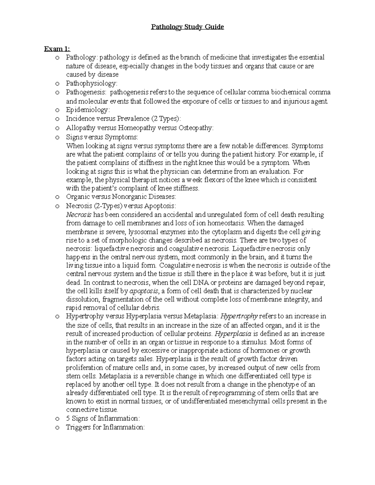 Pathology Study Guide - Pathology Study Guide Exam 1: o Pathology ...