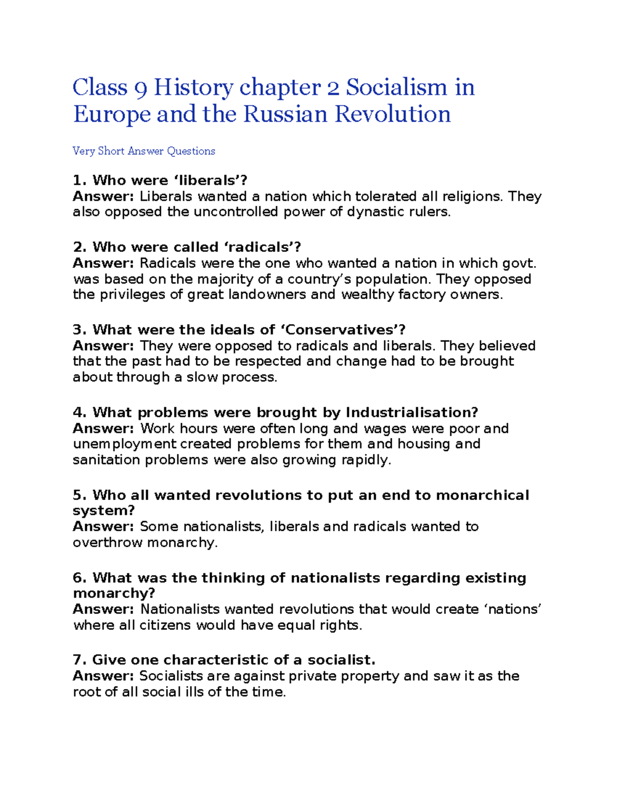Class 9 History chapter 2 Socialism in Europe and the Russian ...