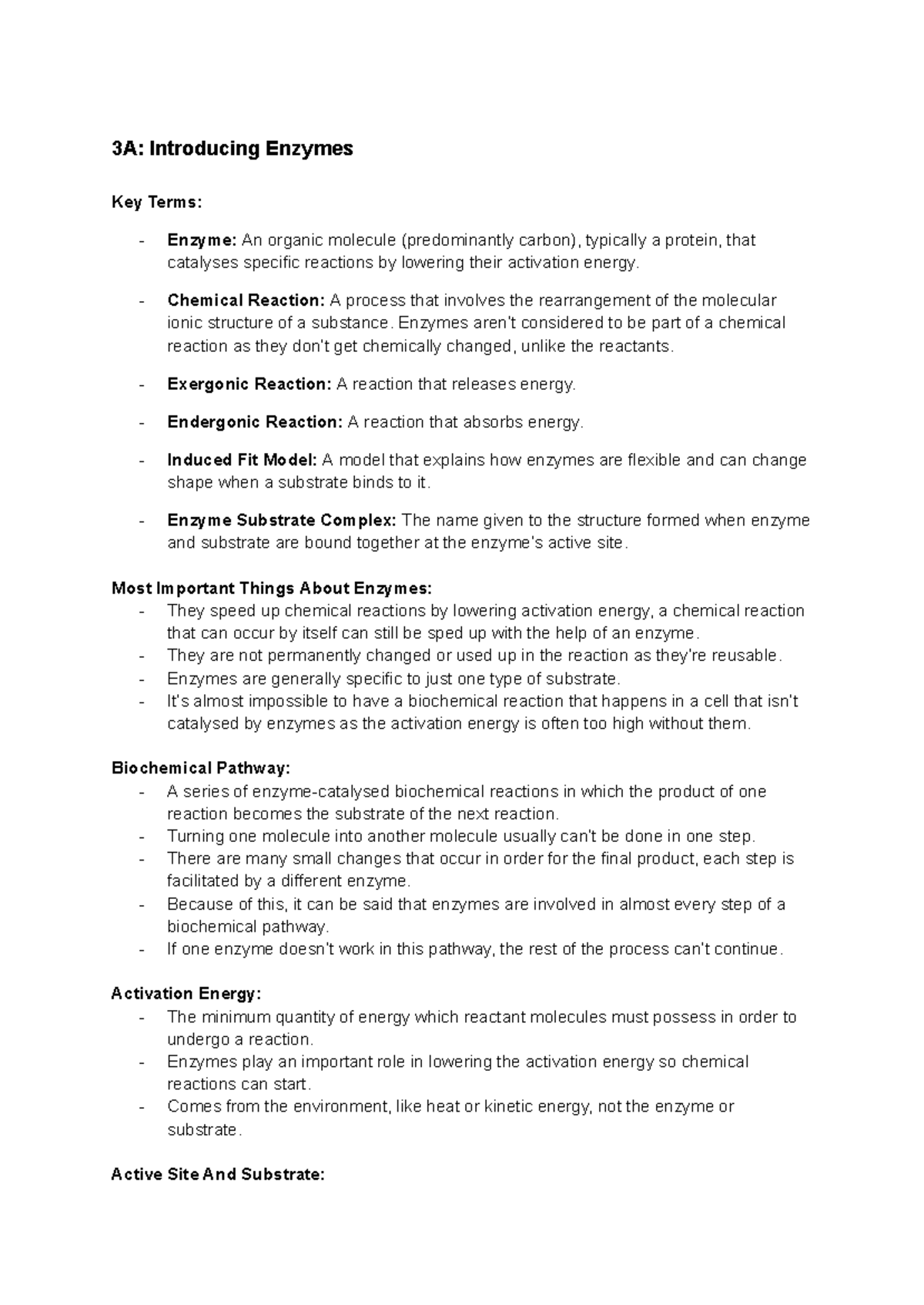 Biology Unit Three Area Of Study Two Notes - 3A: Introducing Enzymes ...