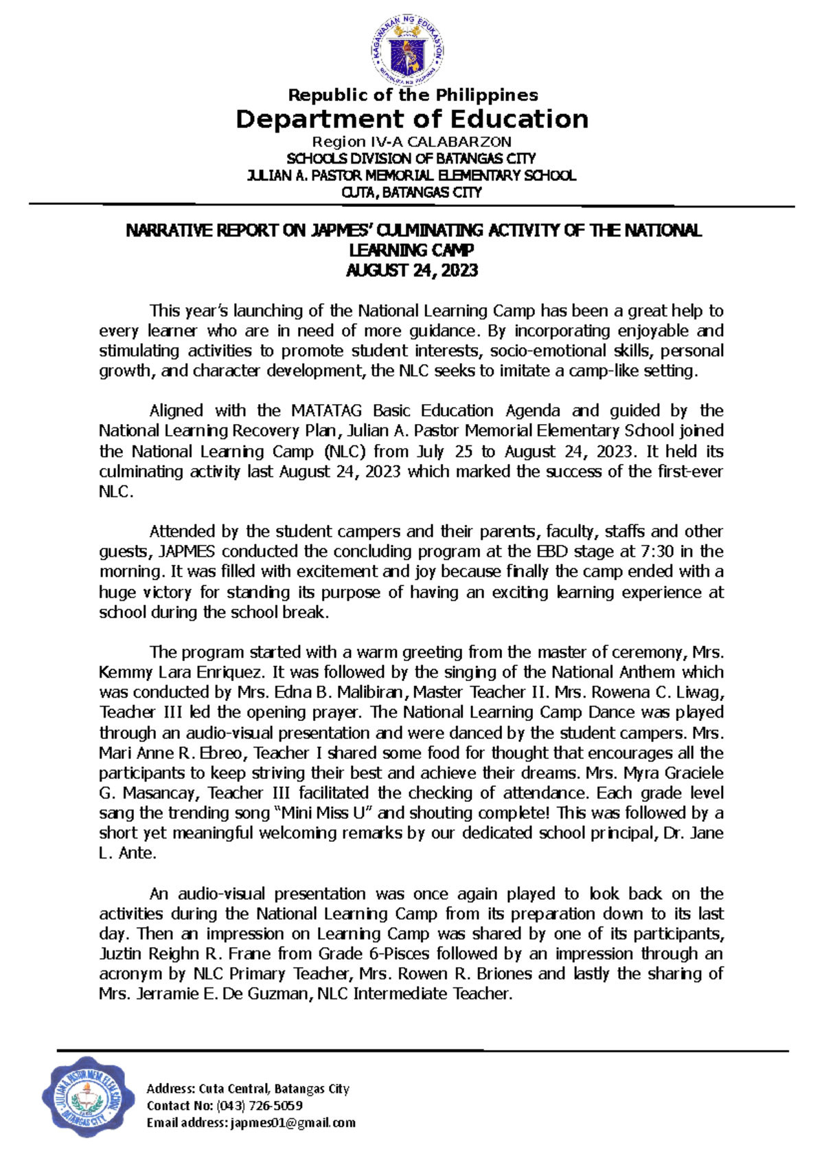 Narrative Report Culminating Activity NLC Department Of Education