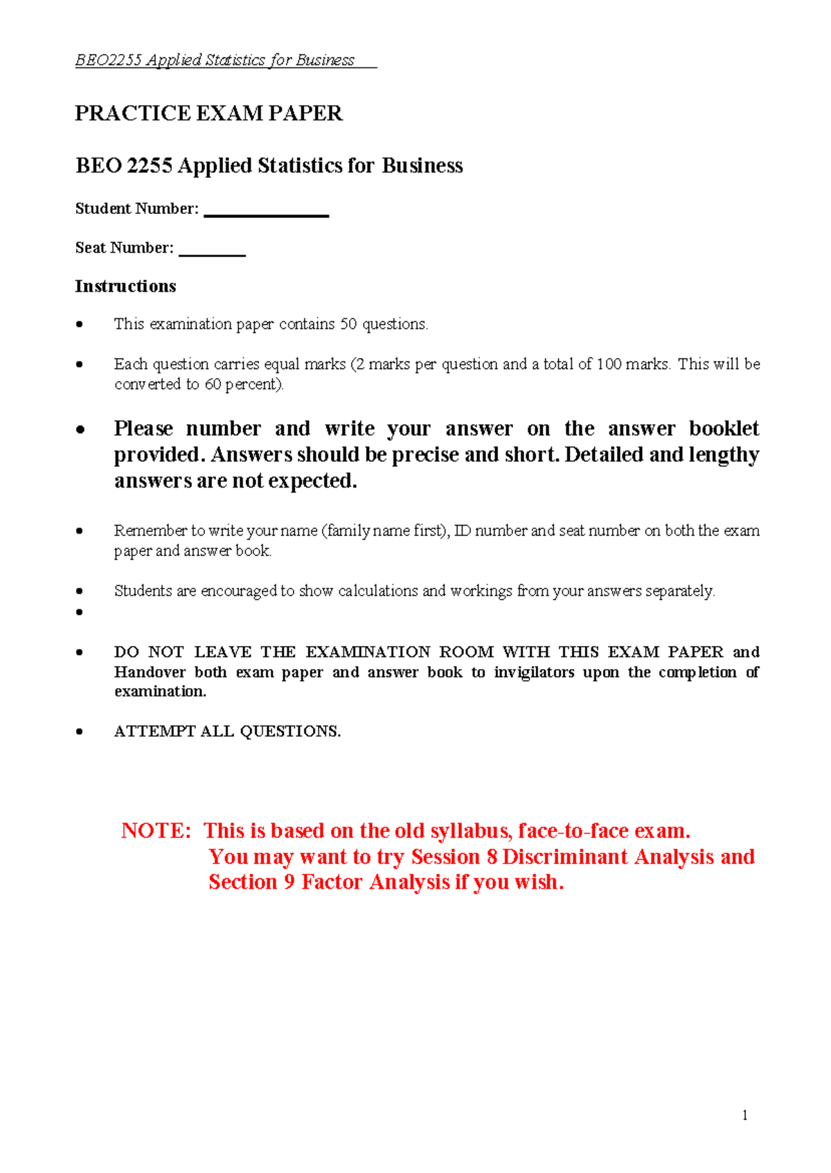 Old Practice Exam Paper - PRACTICE EXAM PAPER BEO 2255 Applied ...