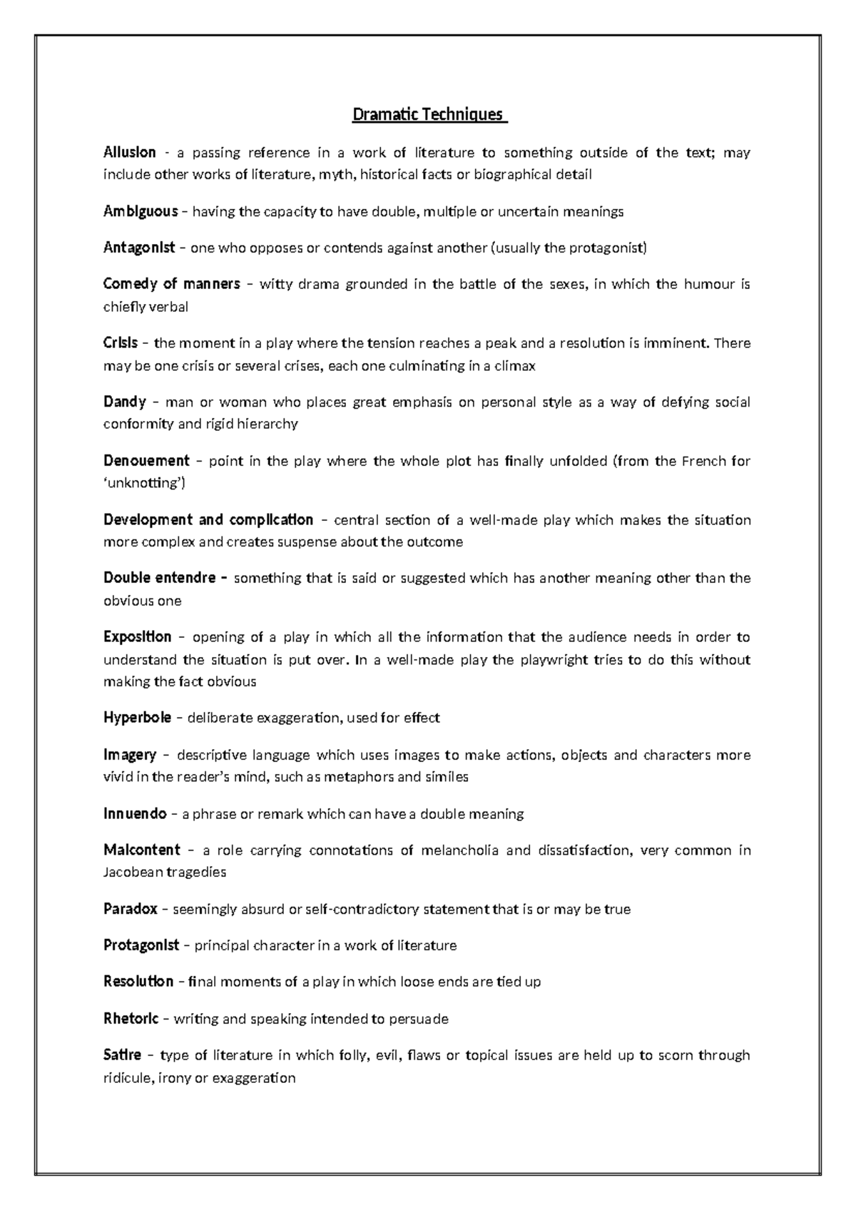 Dramatic Techniques - Definitions - Dramatic Techniques Allusion - a ...