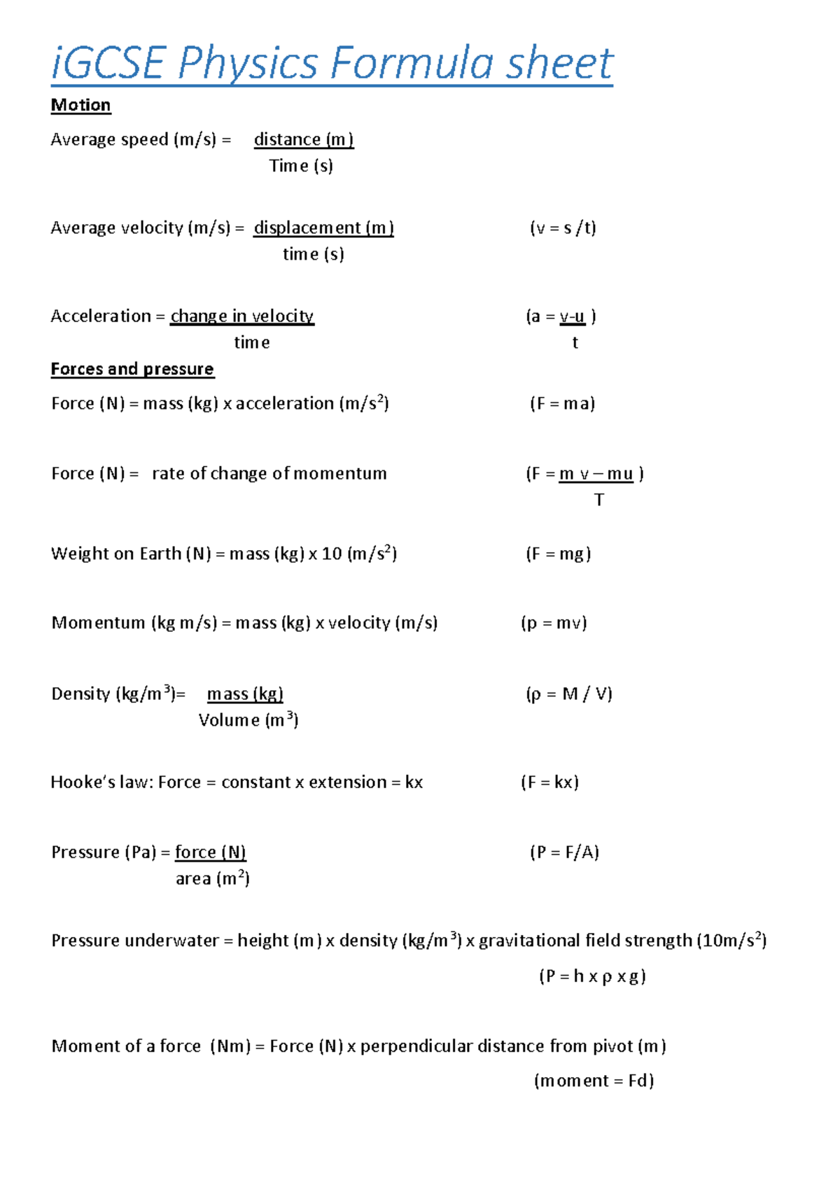 Igcse Physics ALL Formulas - iGCSE Physics Formula sheet Motion Average ...