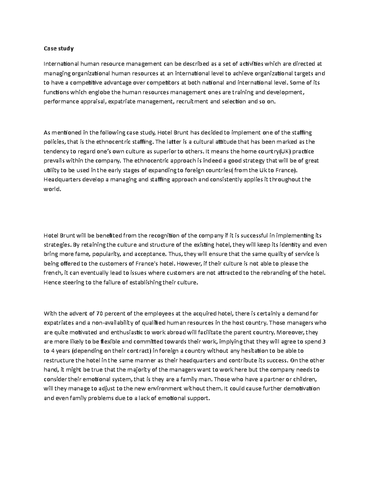 International staffing - Case study International human resource ...