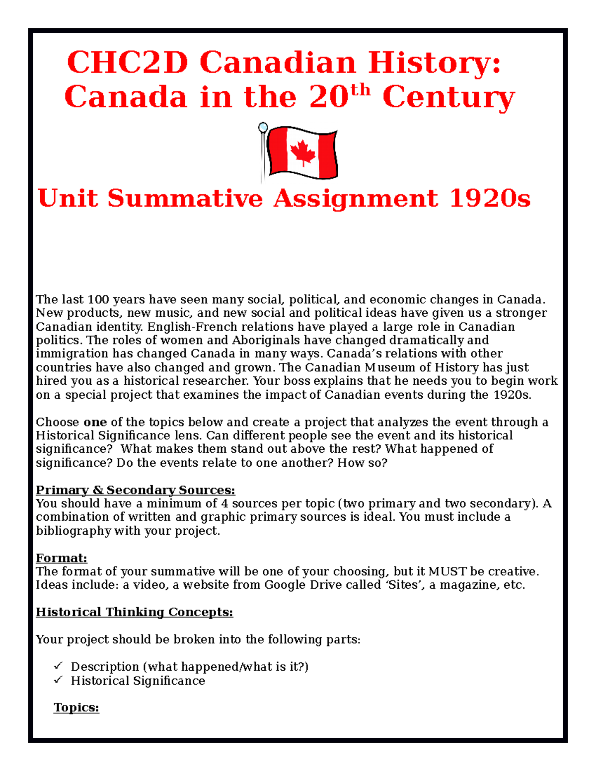CHC2D Culminative TASK - 1920s - The last 100 years have seen many ...