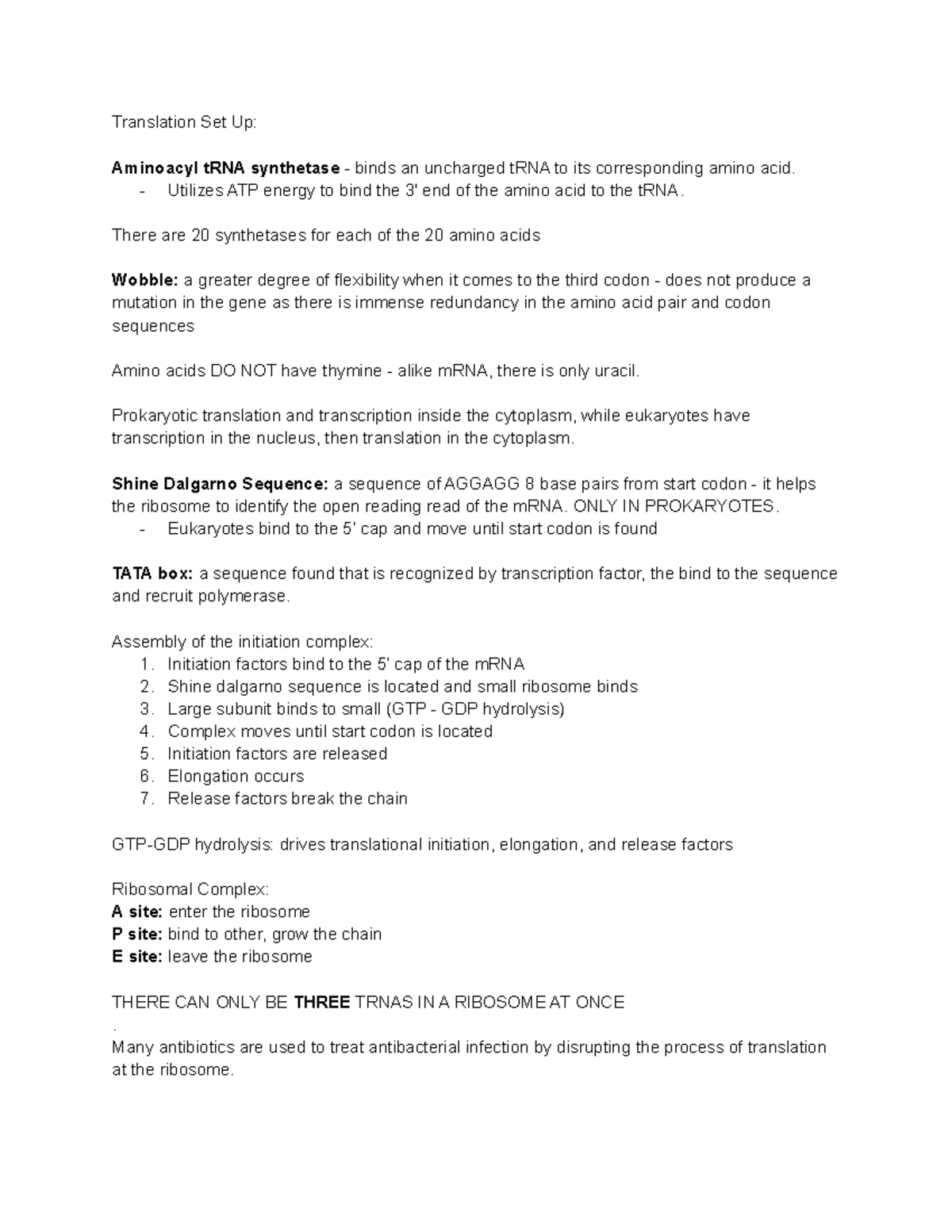TEST 2 SUMMARY NOTES - Translation Set Up: Aminoacyl tRNA synthetase ...