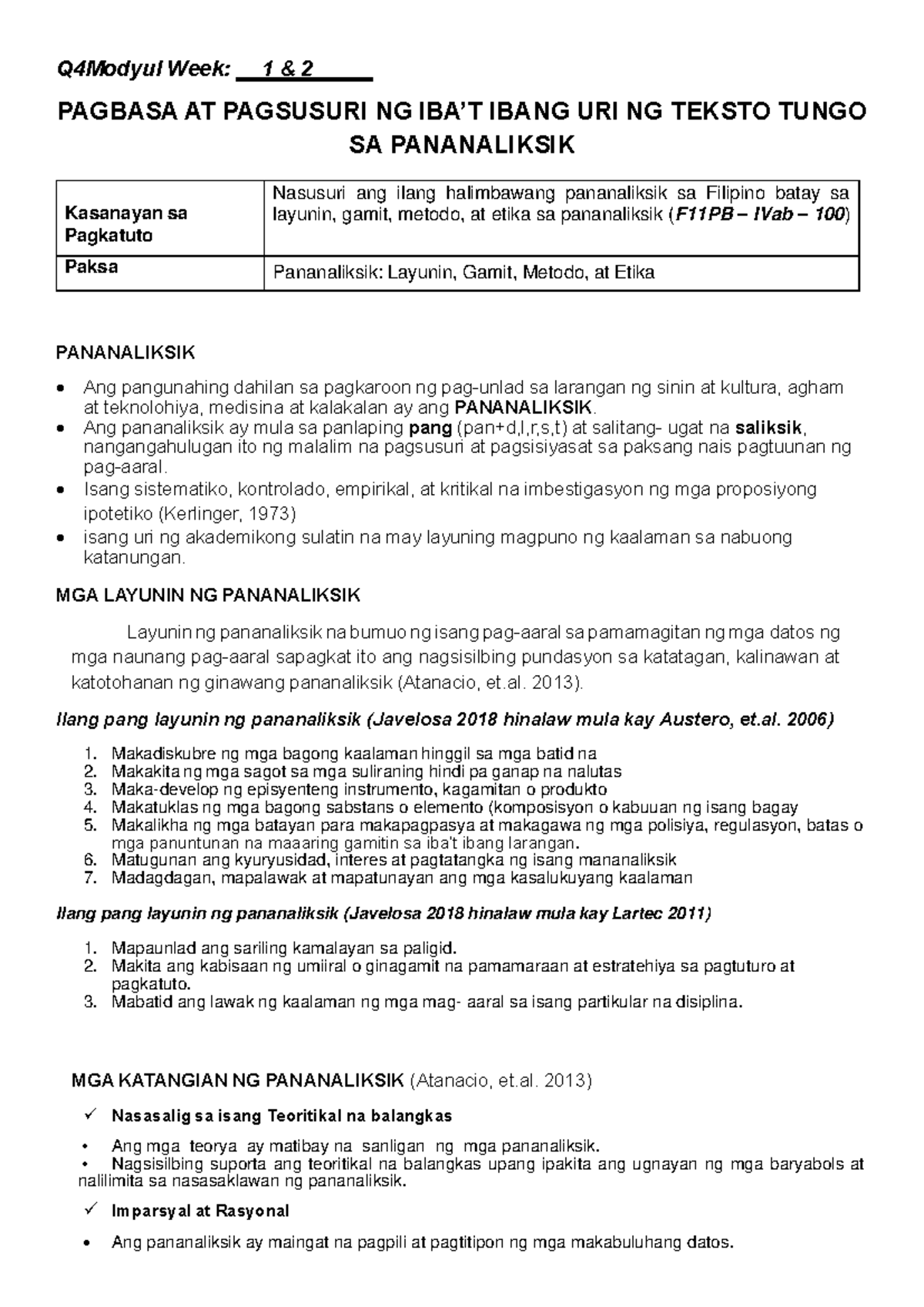 Pagbasa-AT- Pagsusuri - Q4Modyul Week: __ 1 & 2 _____ PAGBASA AT ...