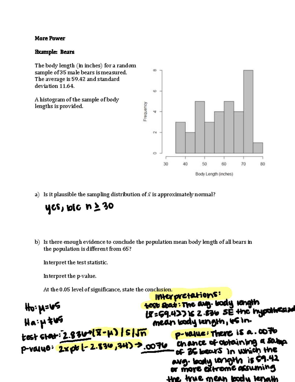 more notes on powers - 1 More Power Example: Bears The body length (in ...