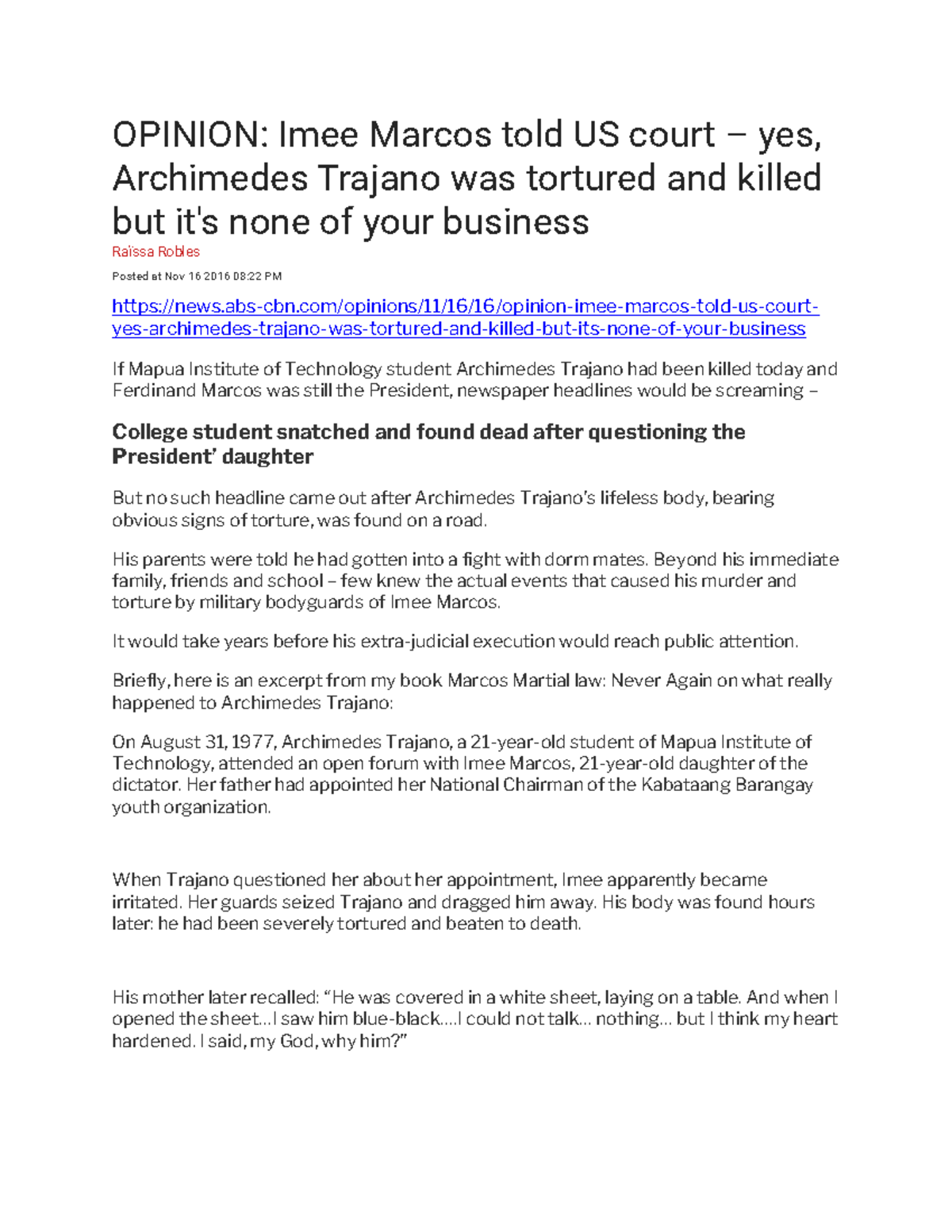 Imee Admits to Trajano Murder - OPINION: Imee Marcos told US court – yes, Archimedes Trajano was ...