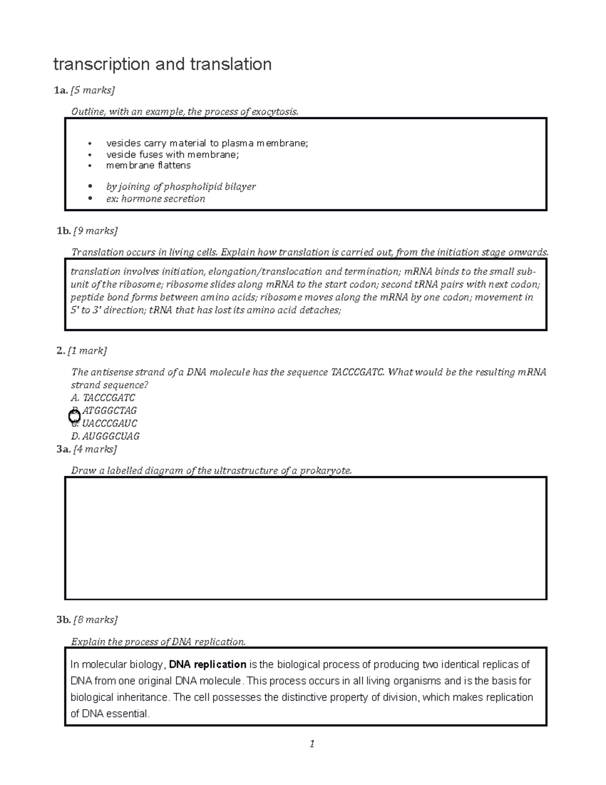Transcription and translation - [5 marks] Outline, with an example, the ...