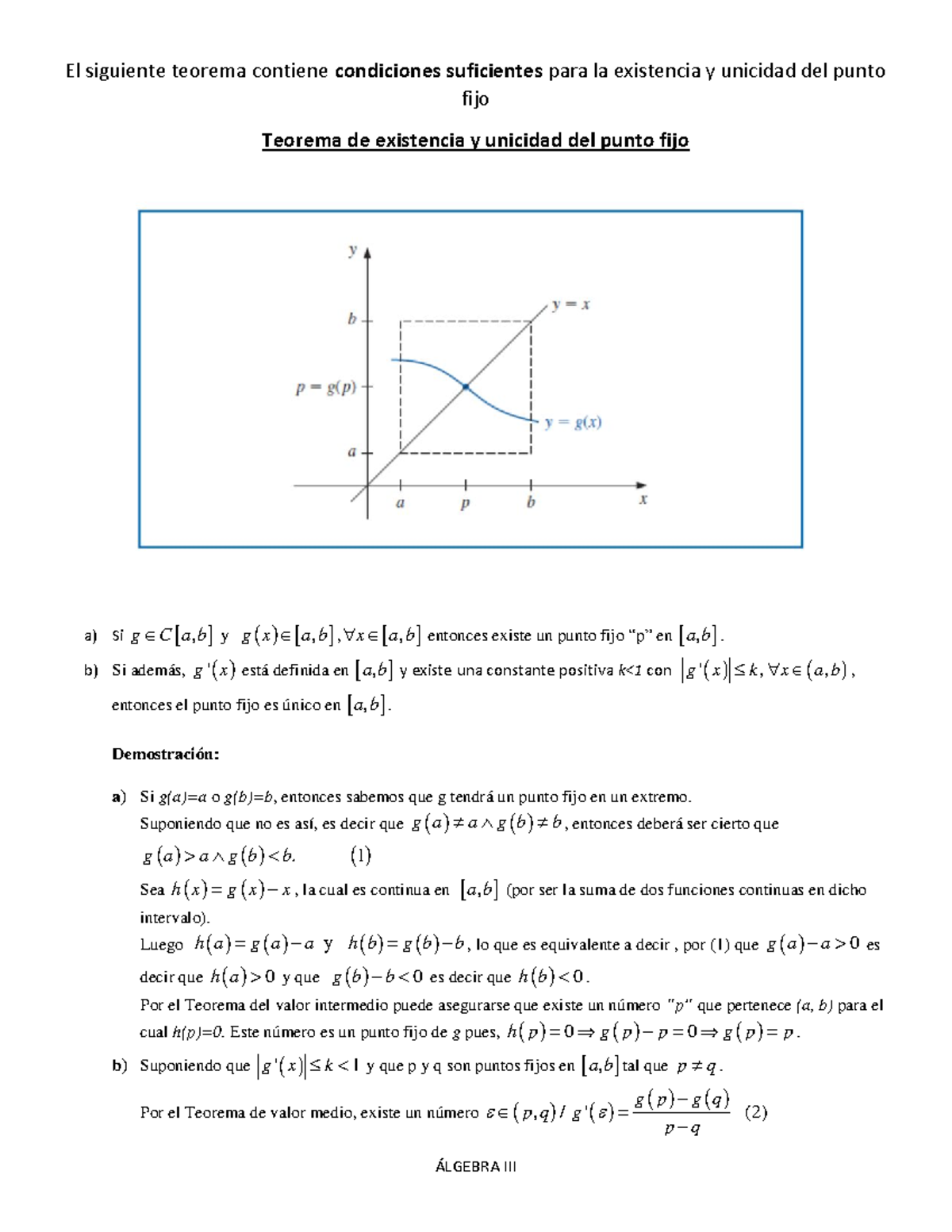 Teorema Punto FIJO-Demostración - ÁLGEBRA III El siguiente teorema ...