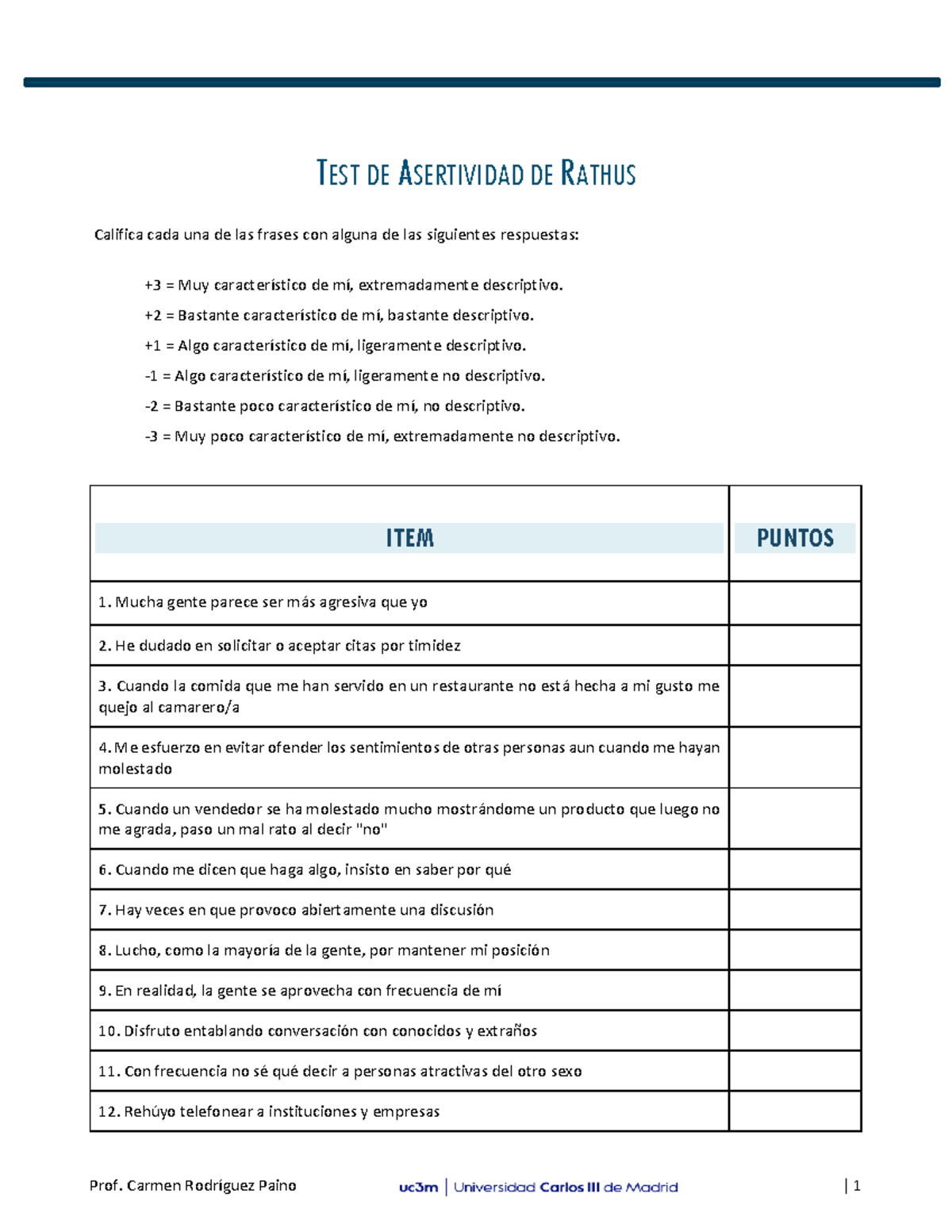 TEST DE Rathus - Prof. Carmen RodrÌguez Paino | 1 TEST DE ASERTIVIDAD ...