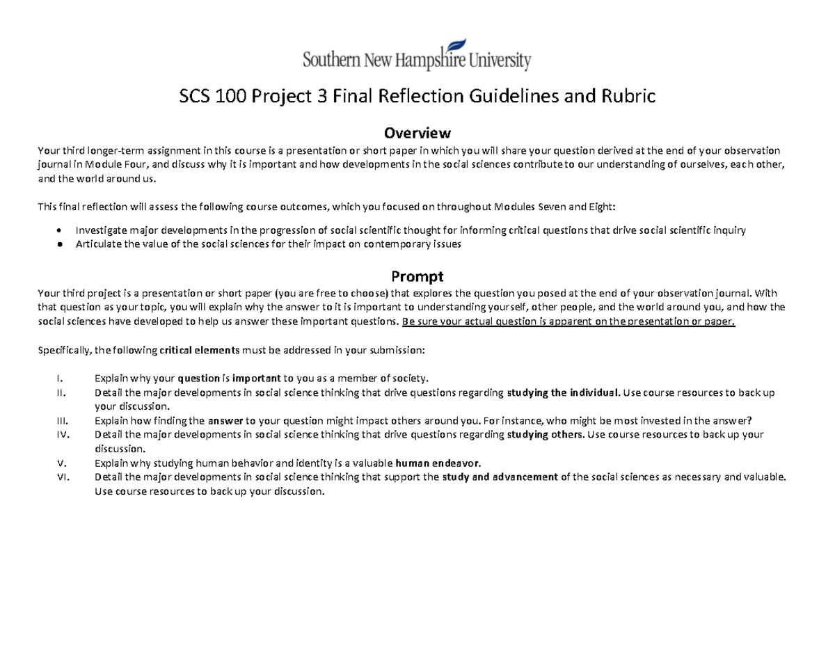 SCS 100 Project 3 Final Reflection Guidelines and Rubric - SCS 100 ...