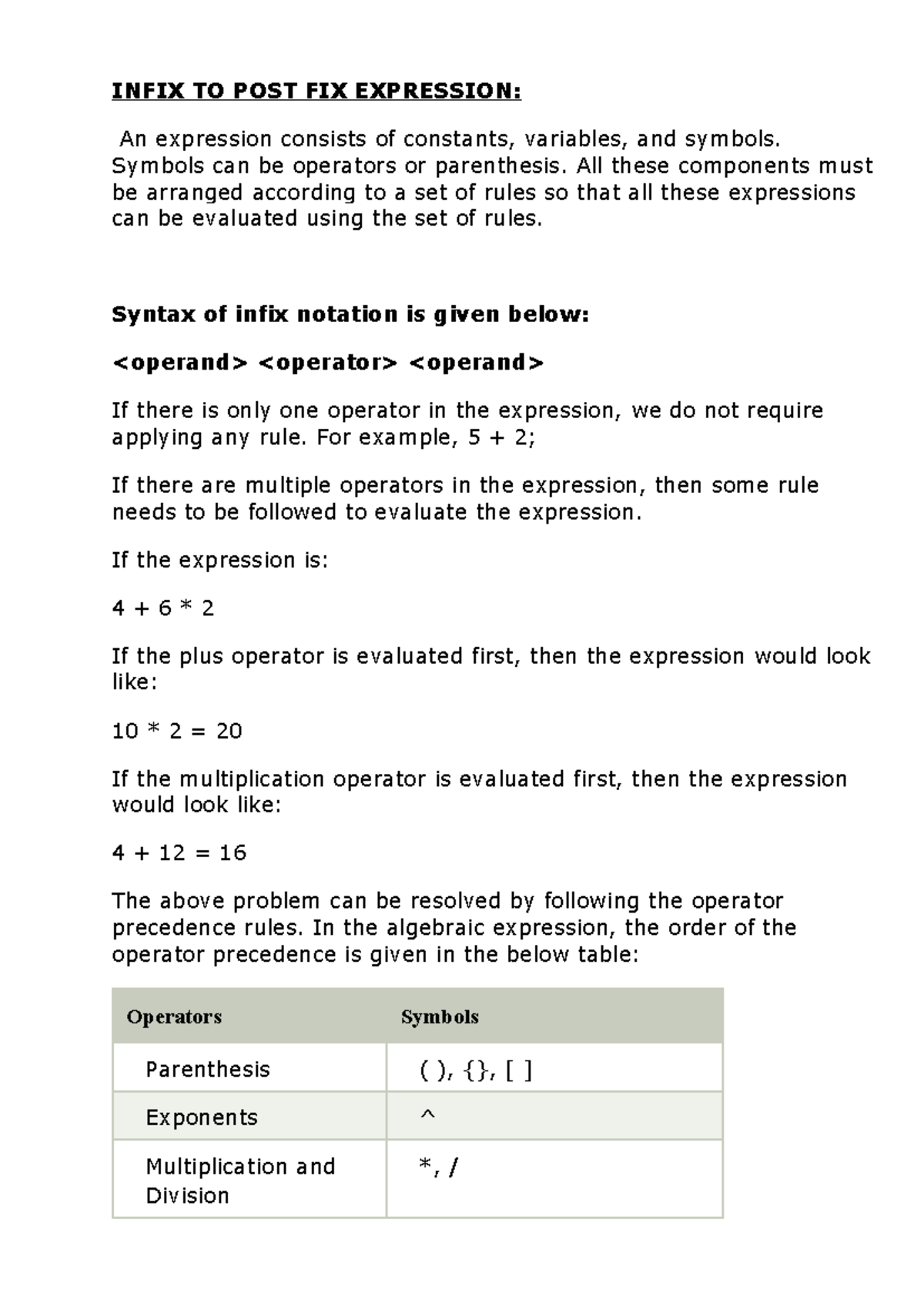 Infix To Post Fix Expression Infix To Post Fix Expression An Expression Consists Of Constants
