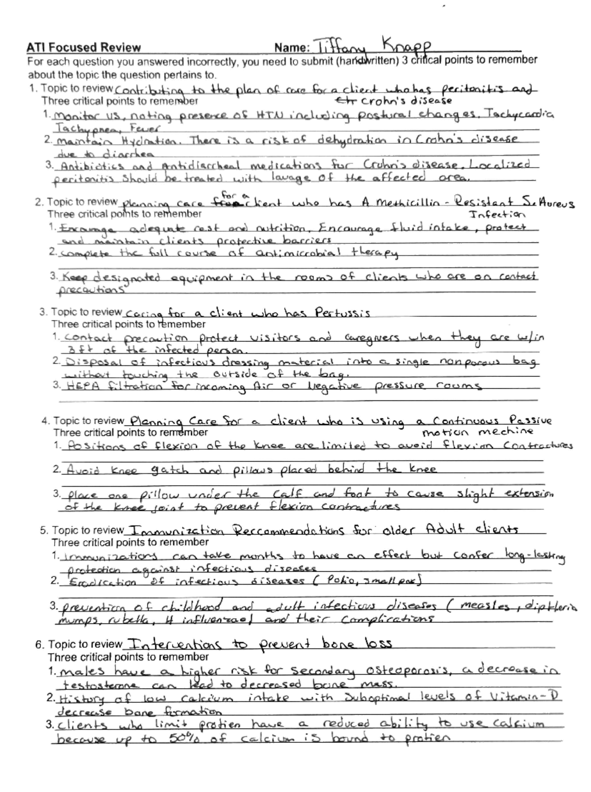 Focus med - Clinicals - ATI Focused Review Name: Tiffany Knapp For each ...