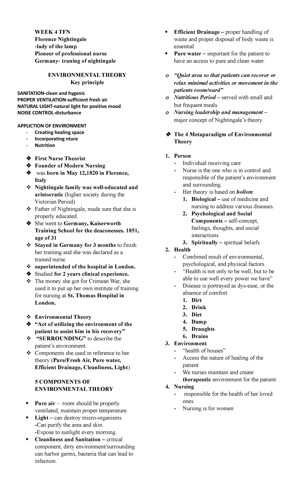 TFN-WEEK-4 - Summary medical surgical nursing - WEEK 4 TFN Florence Nightingale -lady of the ...