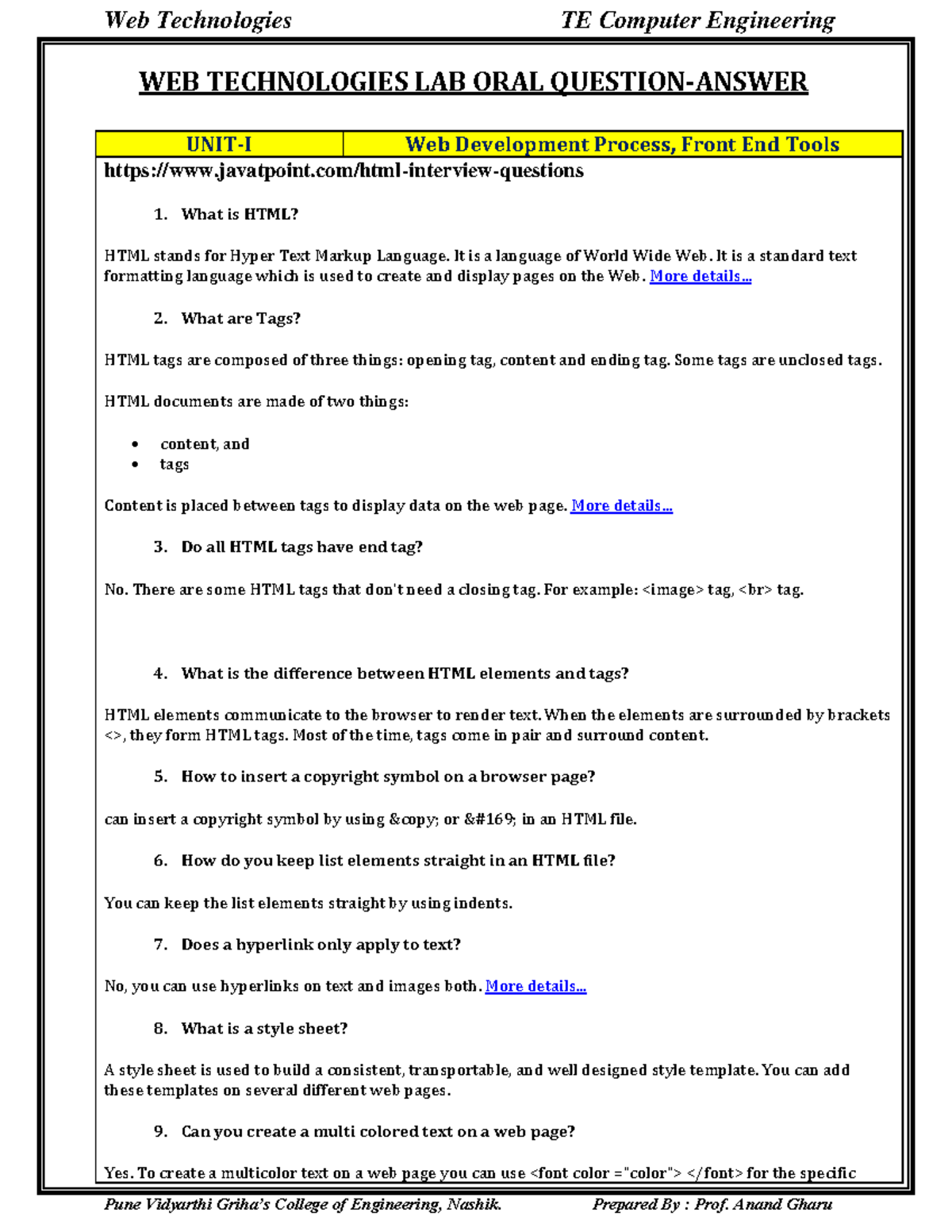 Final wtl oral ques answer 2020 - ## WEB TECHNOLOGIES LAB ORAL QUESTION-ANSWER ### UNIT-I Web ...