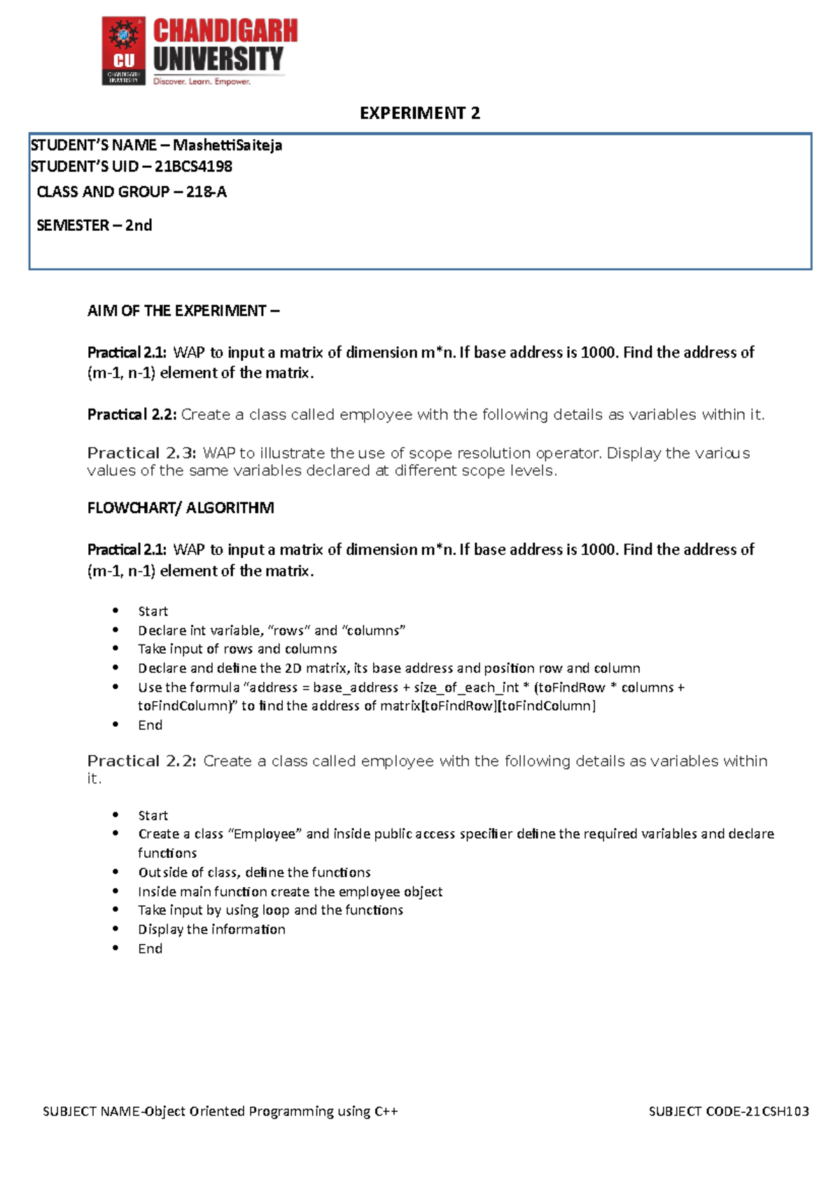 OOP'S 1.2 saiteja - 1.2 c++ worksheet - EXPERIMENT 2 AIM OF THE ...