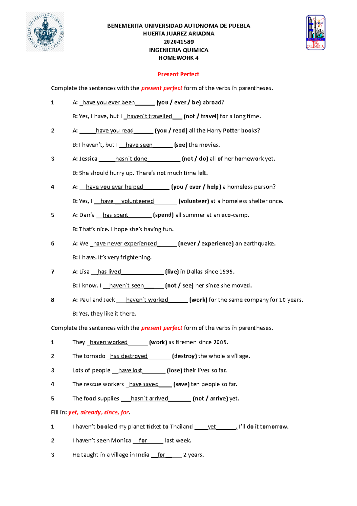 HW4. Present Perfect - ejercicios para practicas de la materia ingles 3 ...