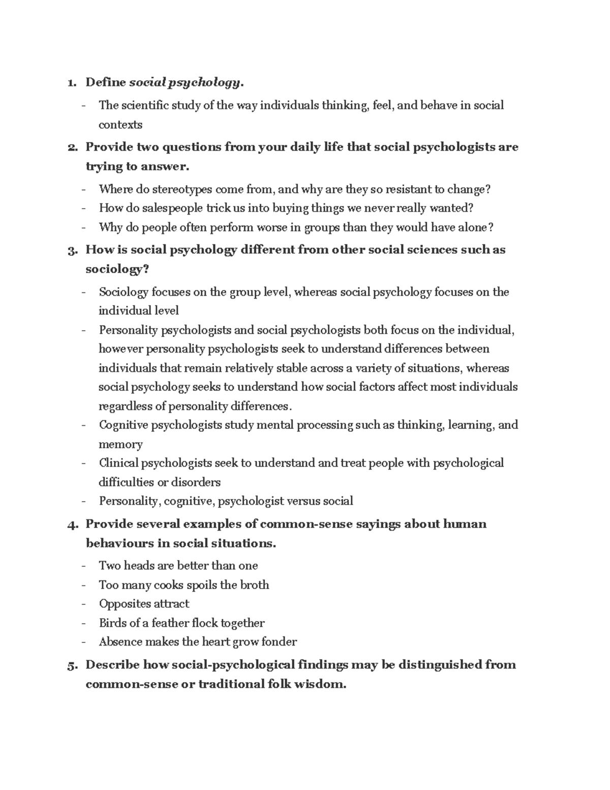 Unit 1 - Study questions - Define social psychology. The scientific ...