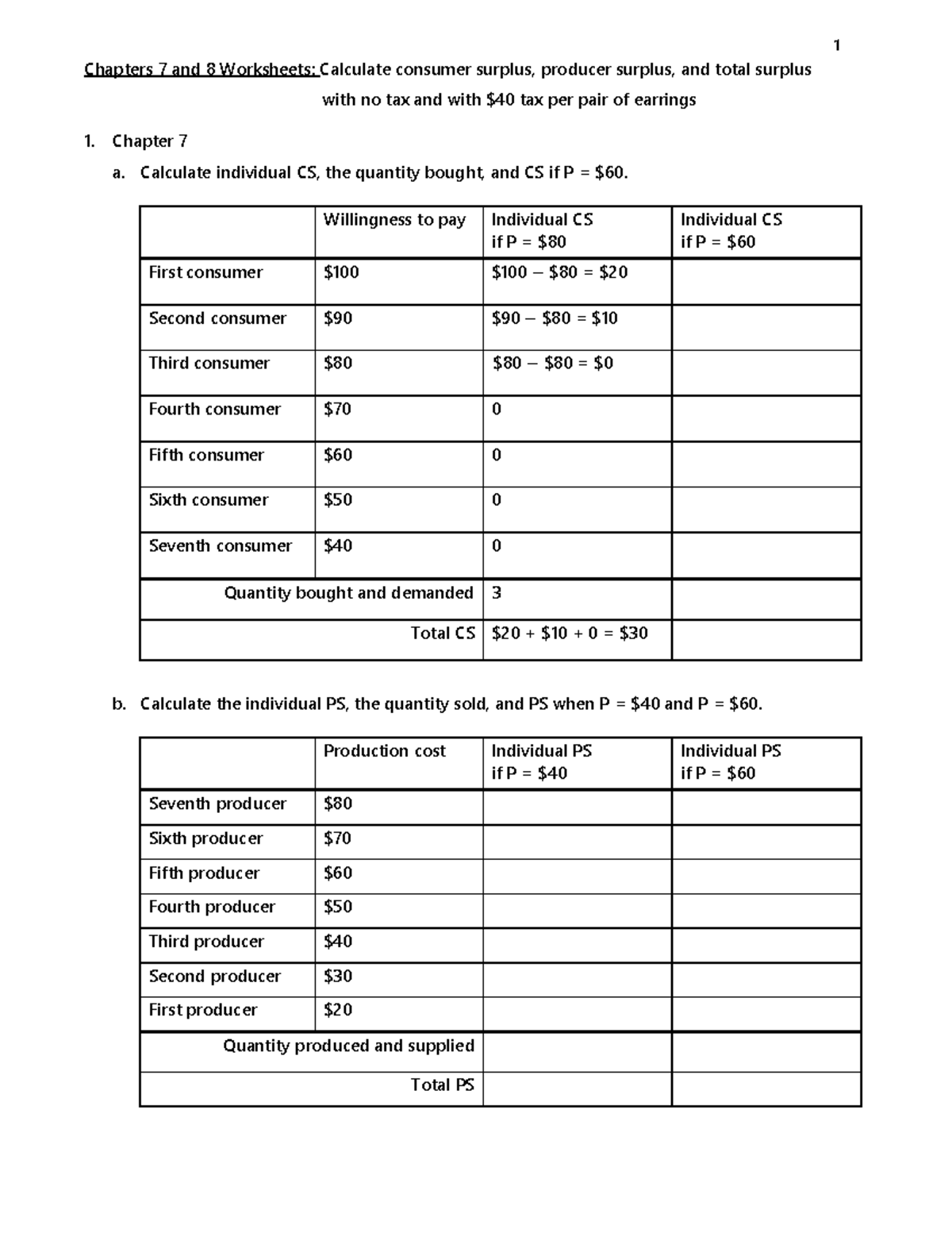 Chapter 7 Worksheet - Chapters 7 and 8 Worksheets: Calculate consumer ...
