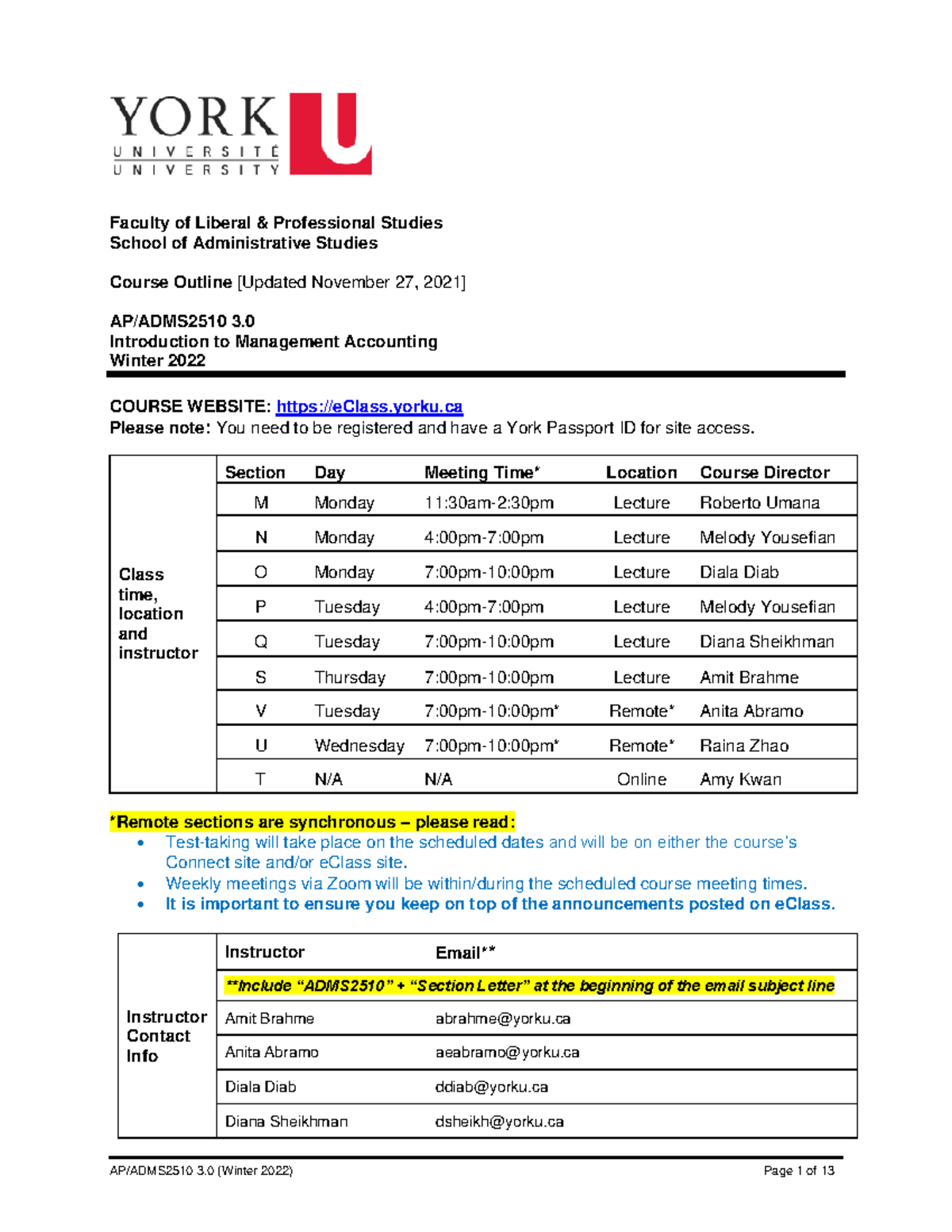 ADMS 2510 Course Outline - Faculty of Liberal & Professional Studies ... ADMS 2510 Course Outline - Faculty of Liberal & Professional Studies ...