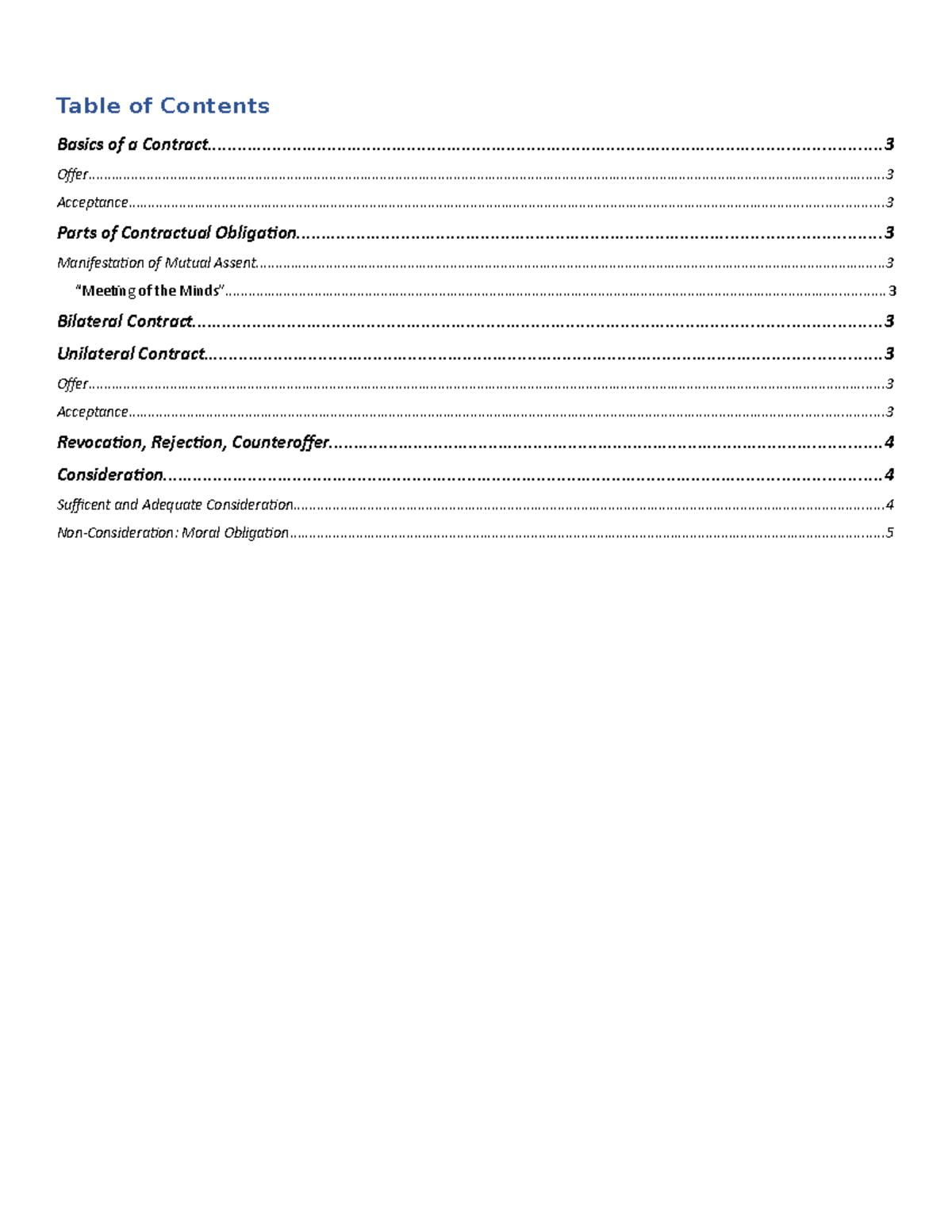 Contracts Class summary - Table of Contents Basics of a - Studocu