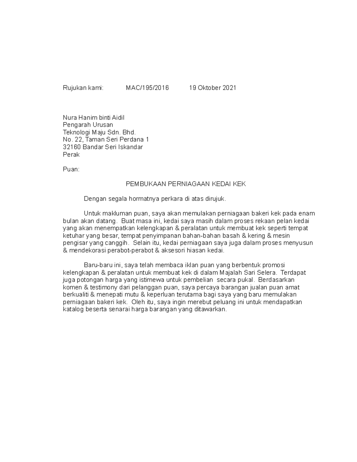 Assignment 2 OBM 172 - TYTDF - Rujukan kami: MAC/195/2016 19 Oktober ...