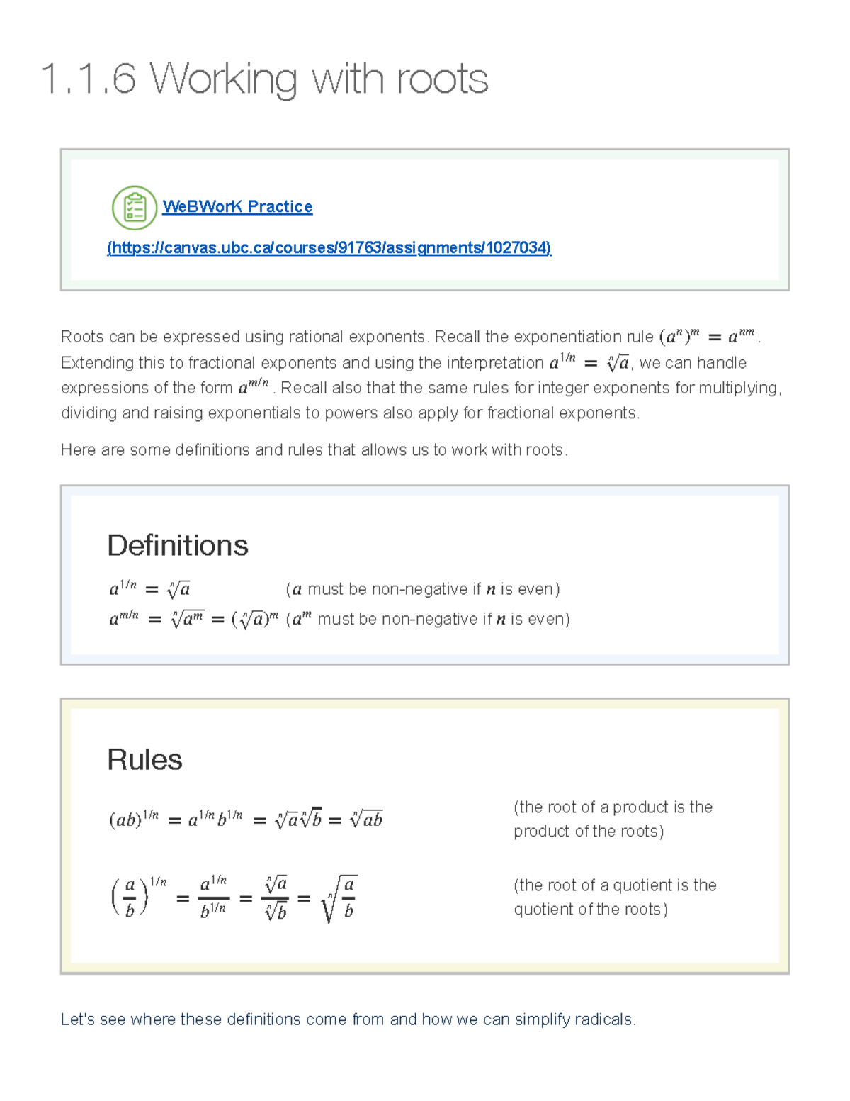 1.1.6 Working with roots: Precalculus Review - 1.1 Working with roots ...