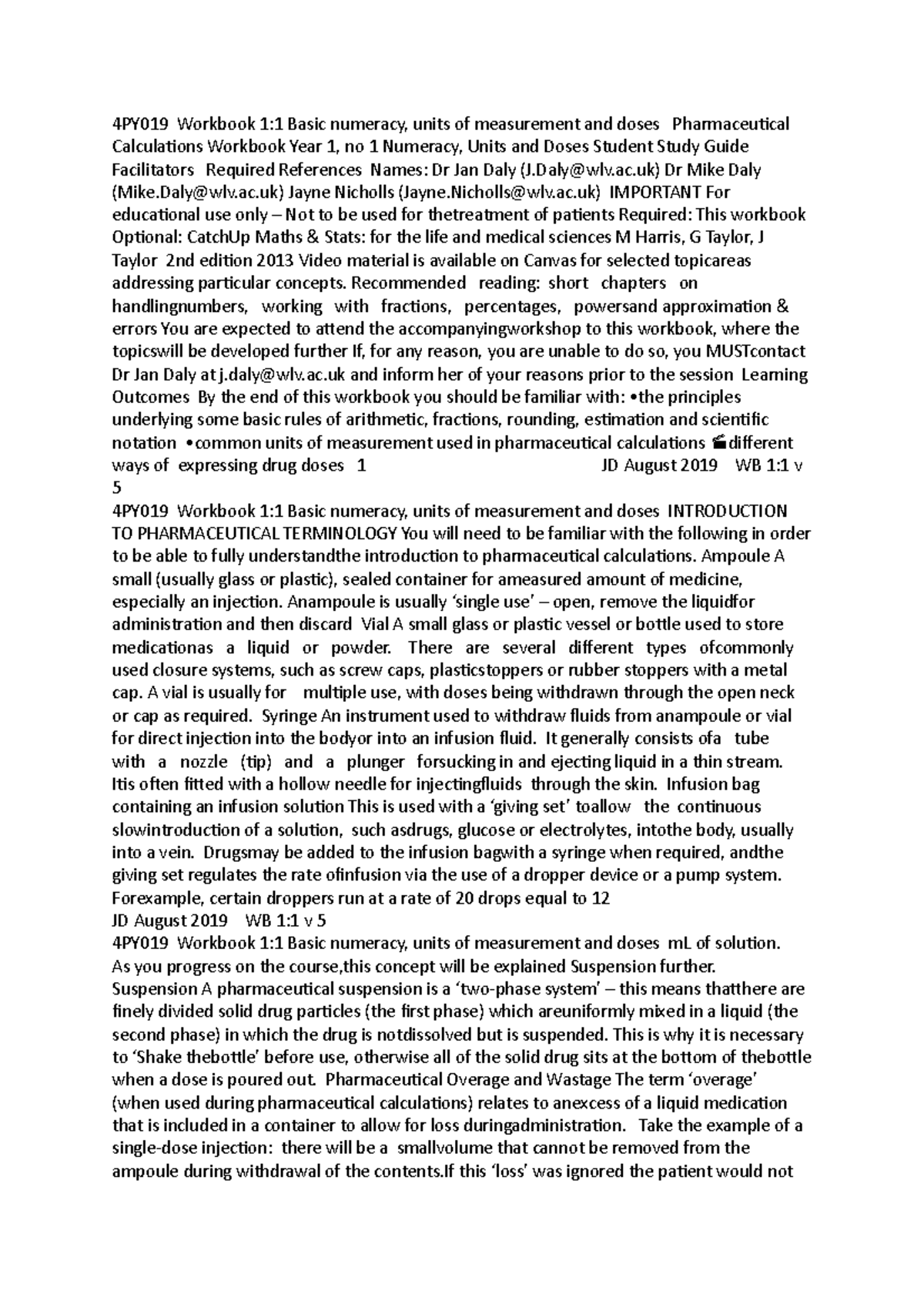 Pharmacy notes 2 - 4PY019 Workbook 1:1 Basic numeracy, units of ...