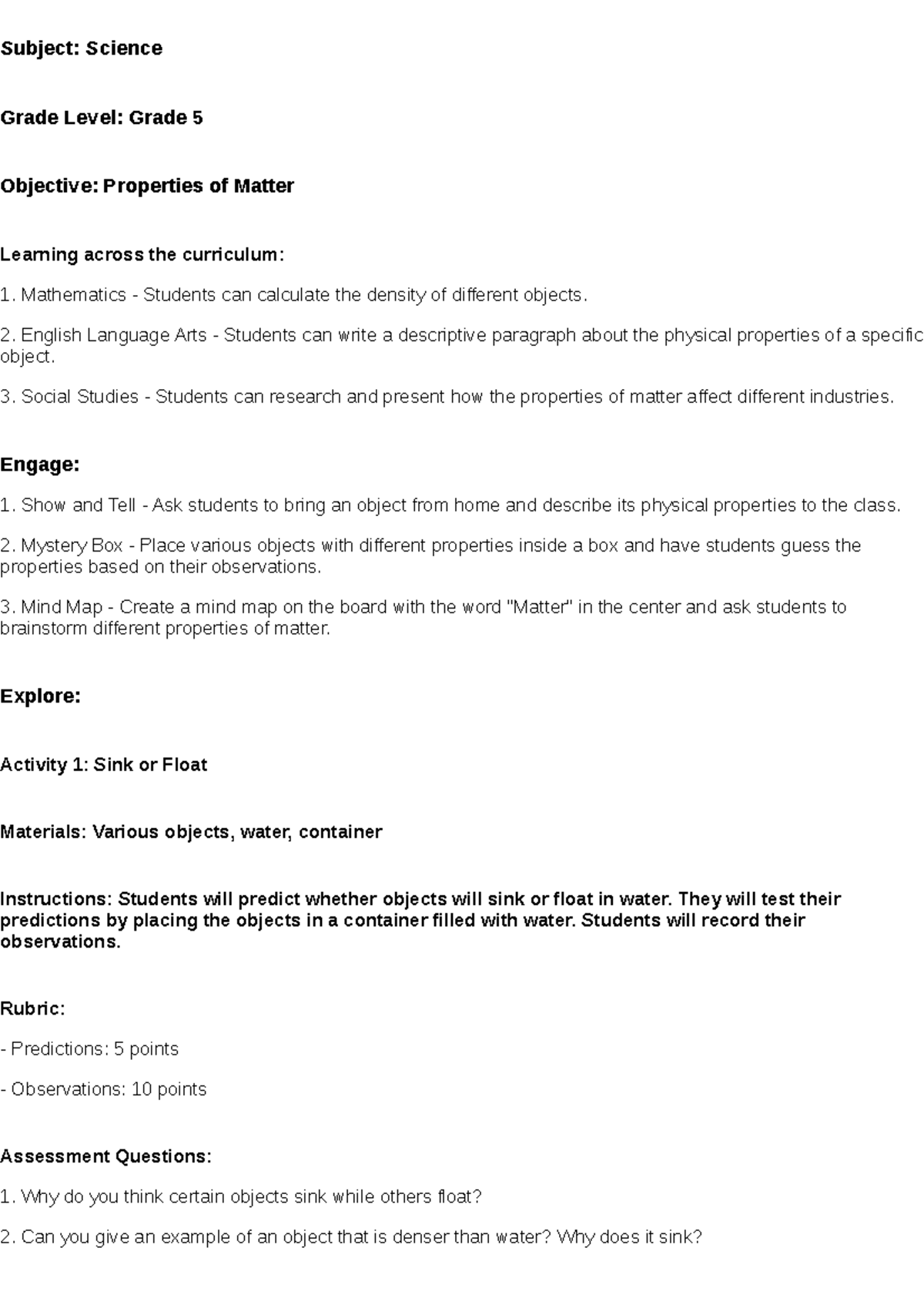 Lesson plan - for grade 5 science - Subject: Science Grade Level: Grade ...